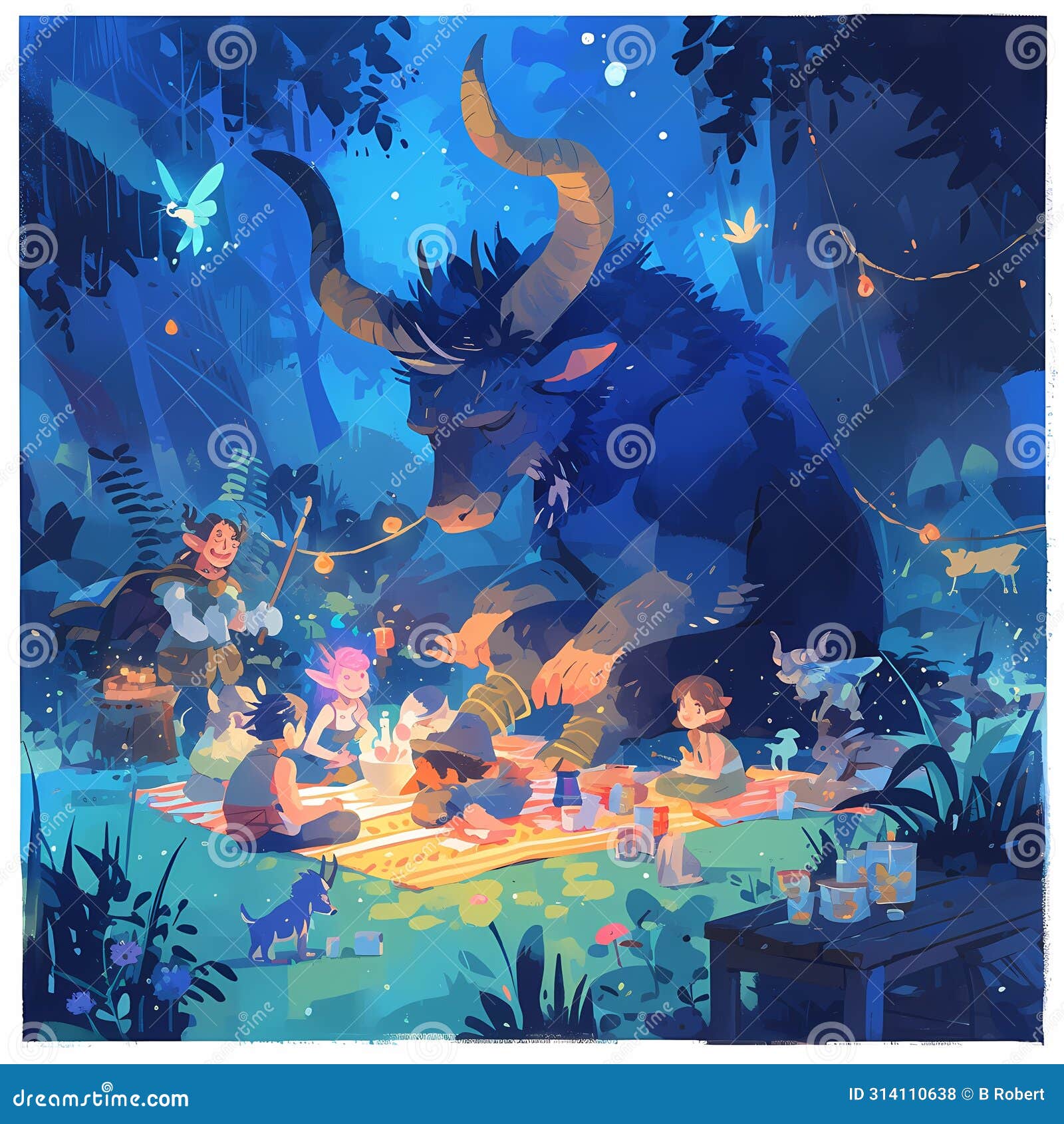 Friendly Gathering with Mythical Creature Stock Illustration ...