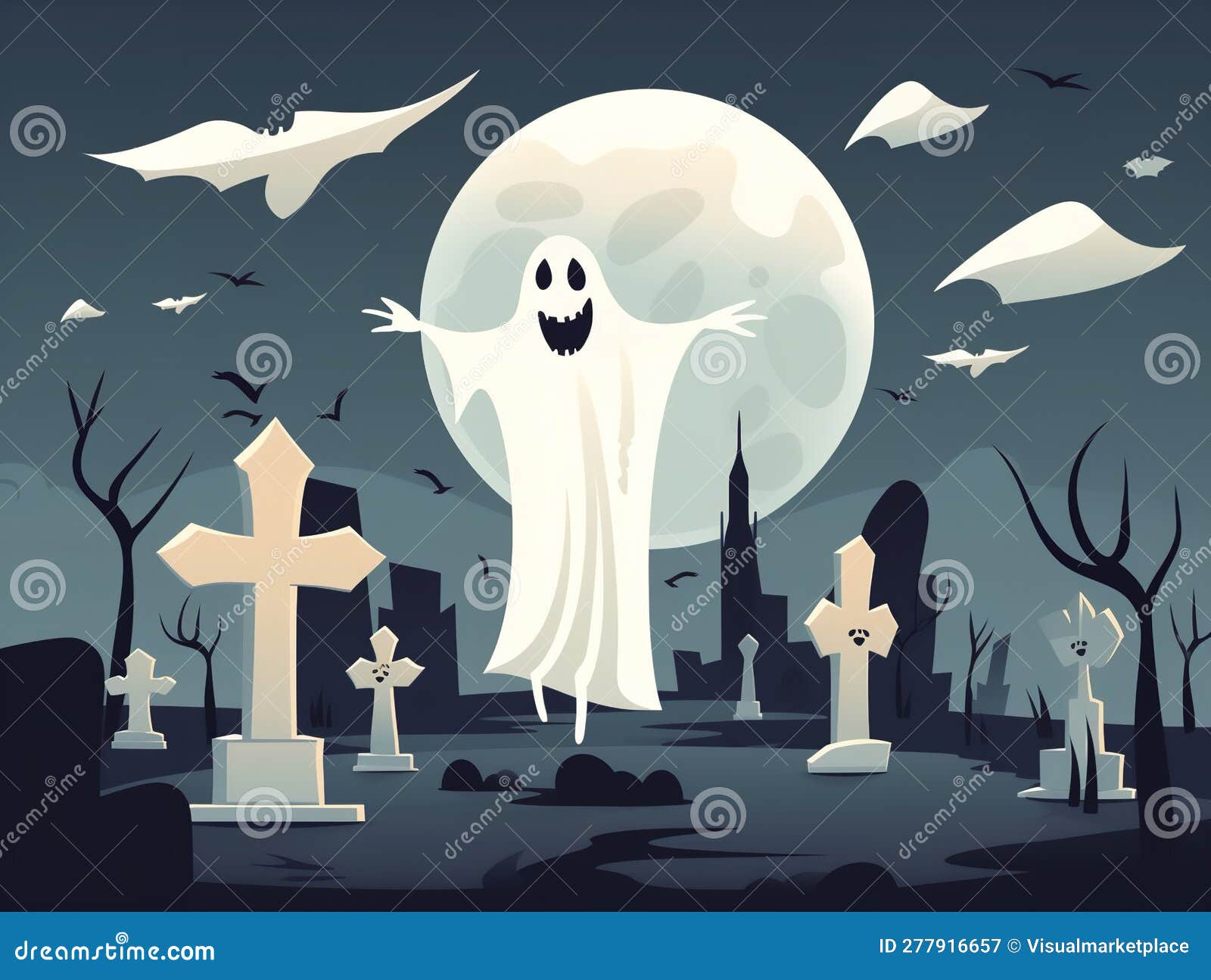 Ghost Floating Isolated On White Background. Cartoon Cute Phantom In ...