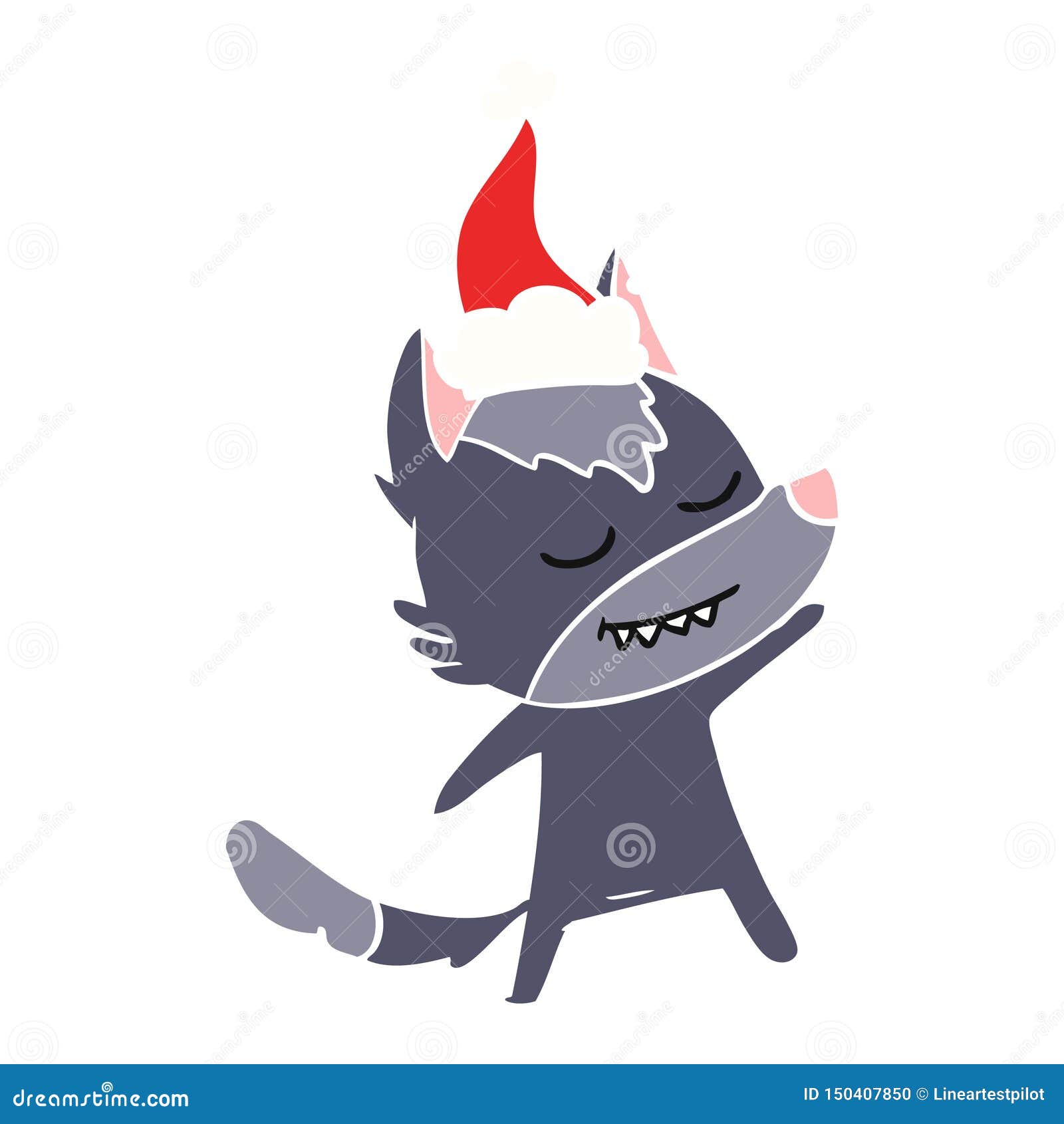 Friendly Hand Drawn Flat Color Illustration of a Wolf Wearing Santa Hat ...