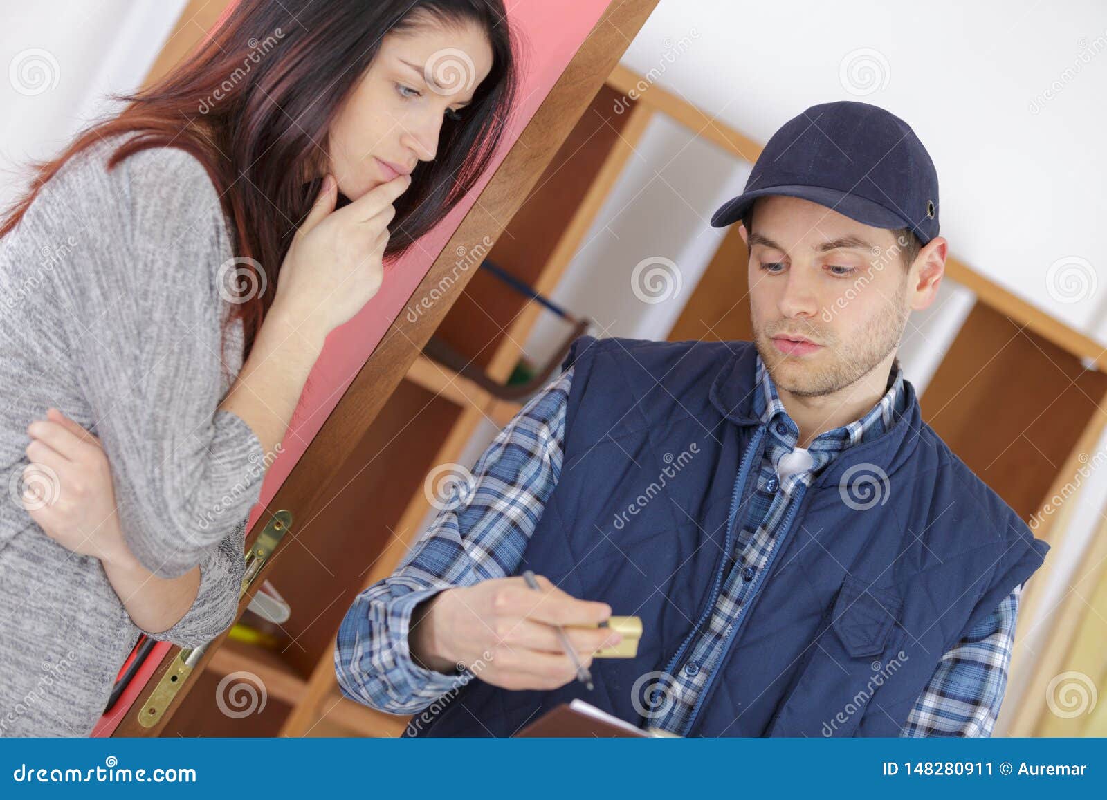 Friendly Handyman Visiting Female Client To Help at Home Stock Image ...