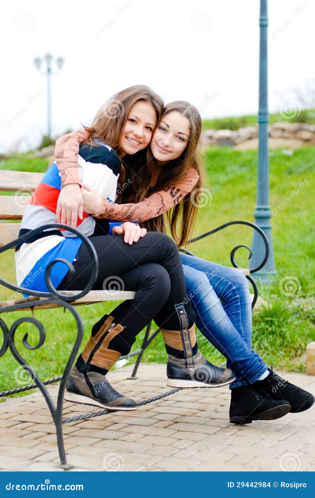 Friendly hug stock photo. Image of girl, bench, help - 29442984