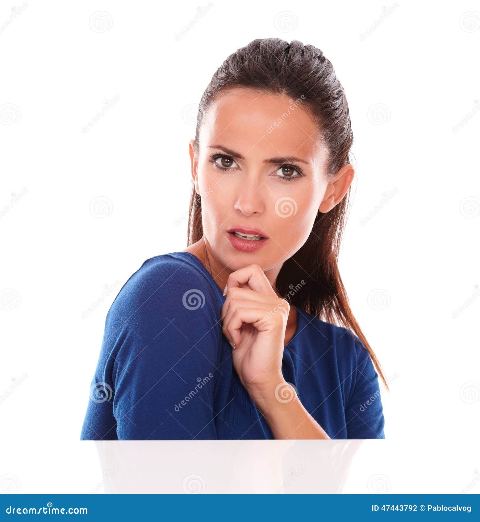 Friendly Lady in Blue Blouse Looking Interested Stock Photo - Image of ...