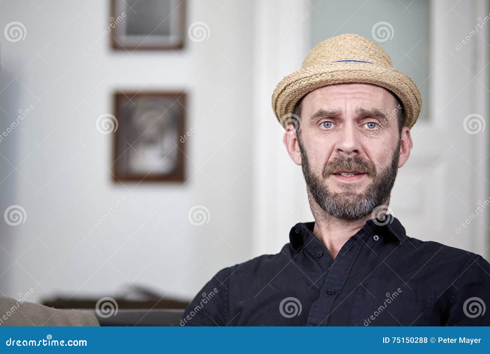 Friendly Man with Hat and Beard Portrait at Home Stock Photo - Image of ...