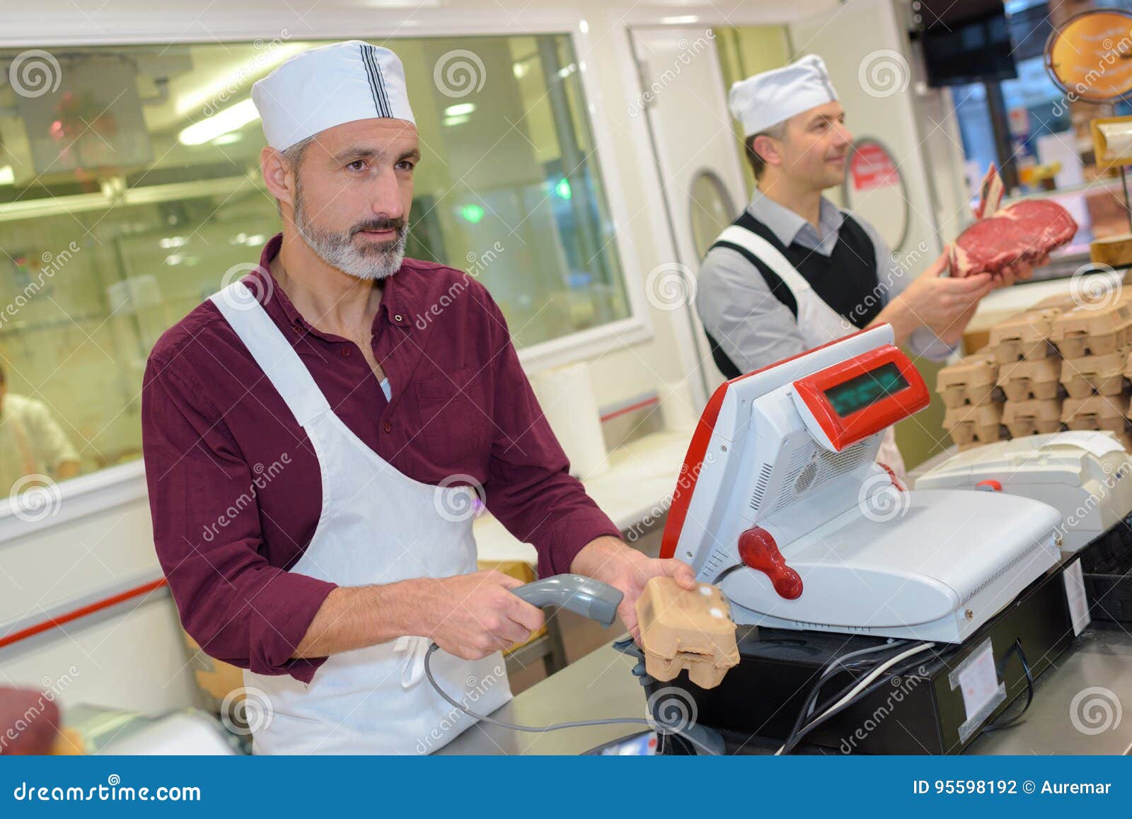 Friendly Man Preparing Raw Meat at Butchers Stock Photo - Image of ...