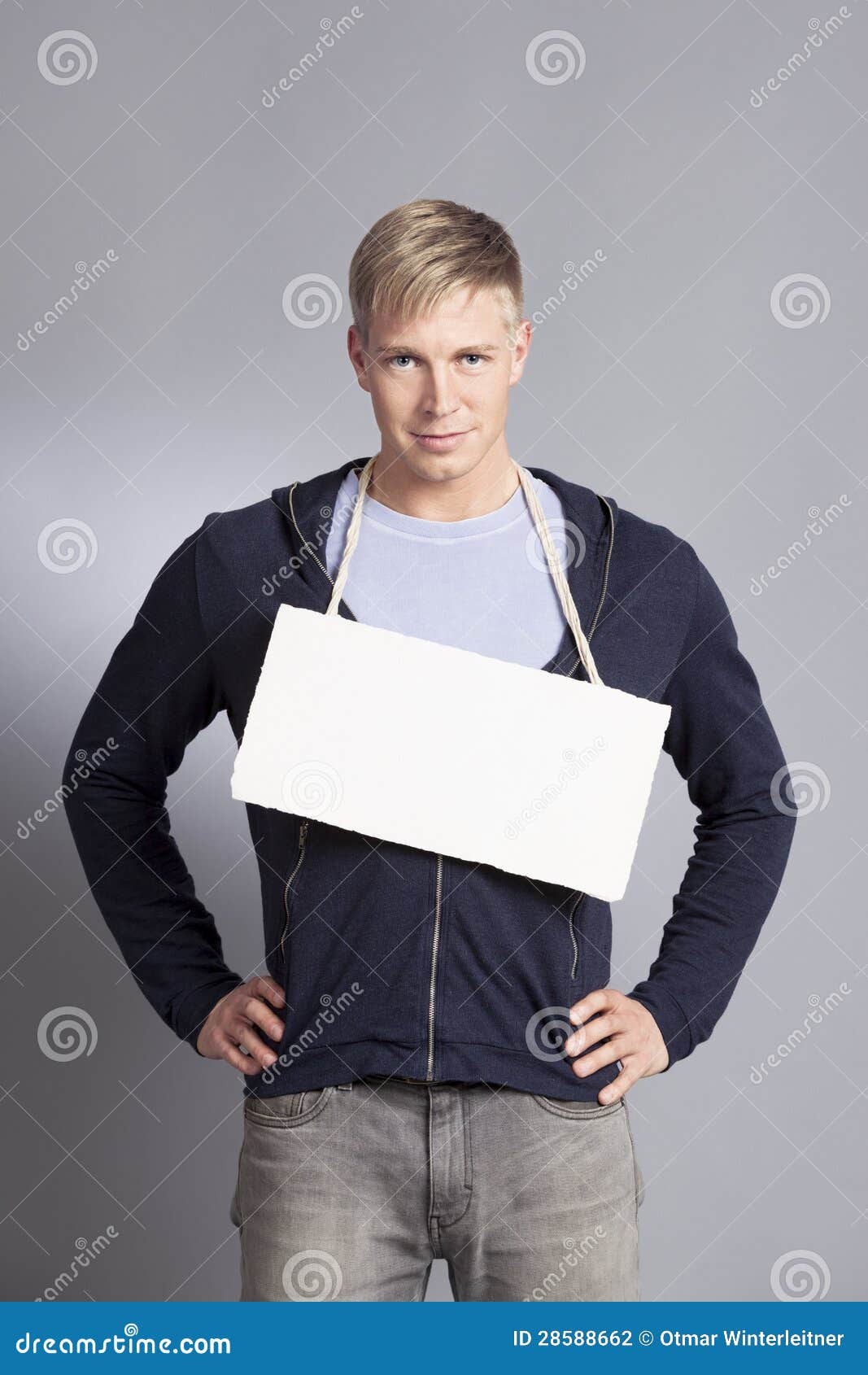 Friendly Man Presenting White Empty Signboard. Stock Photo - Image of ...