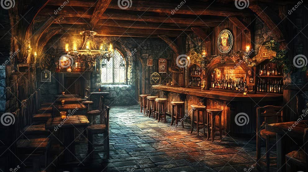 Friendly Medieval Tavern Lit with Soft Lantern Light Stock Illustration ...