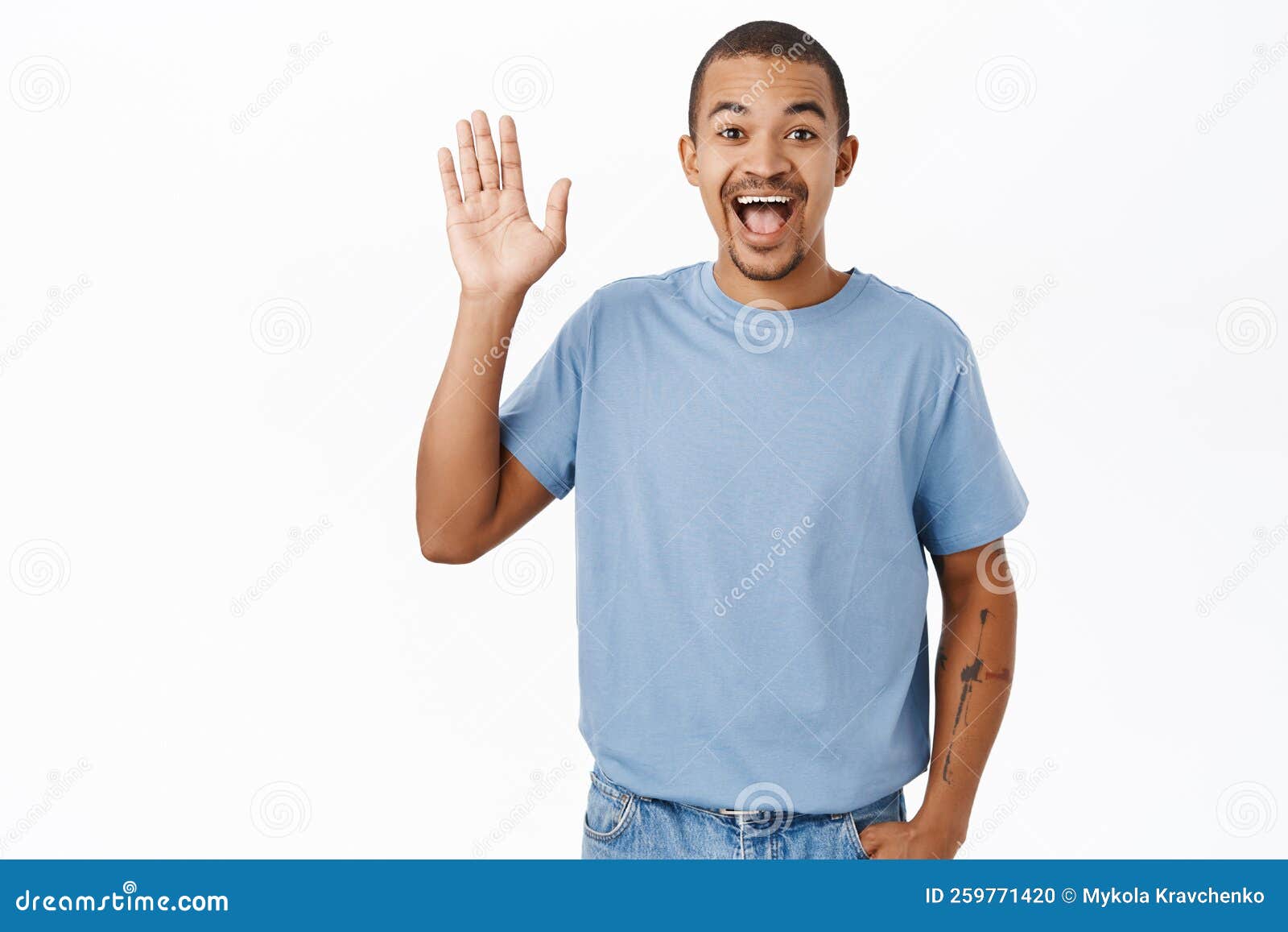 Friendly Nice Guy Saying Hello, Waves Hand at You for Greeting, Stands ...