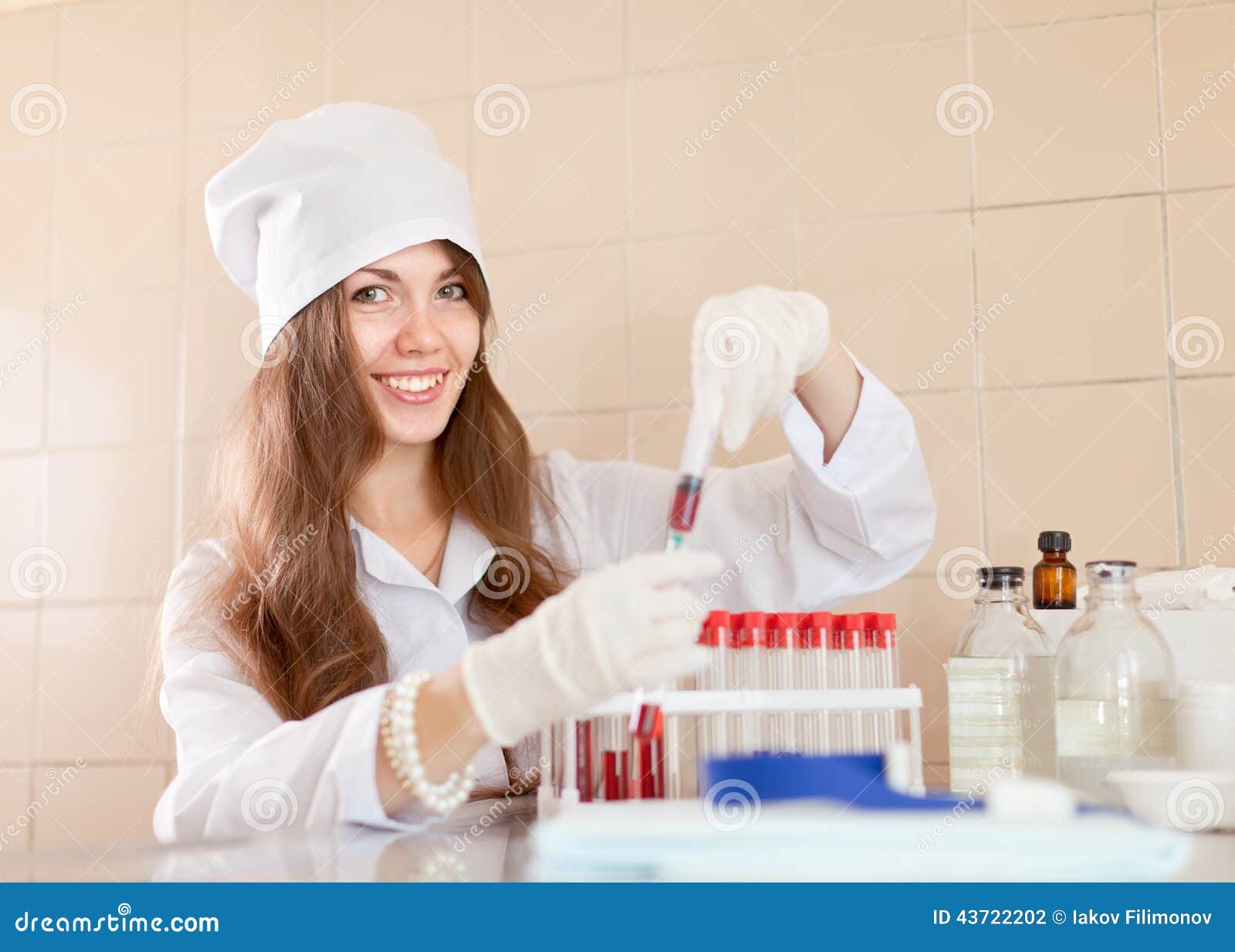 Friendly Nurse Works with Blood Sample Stock Photo - Image of science ...