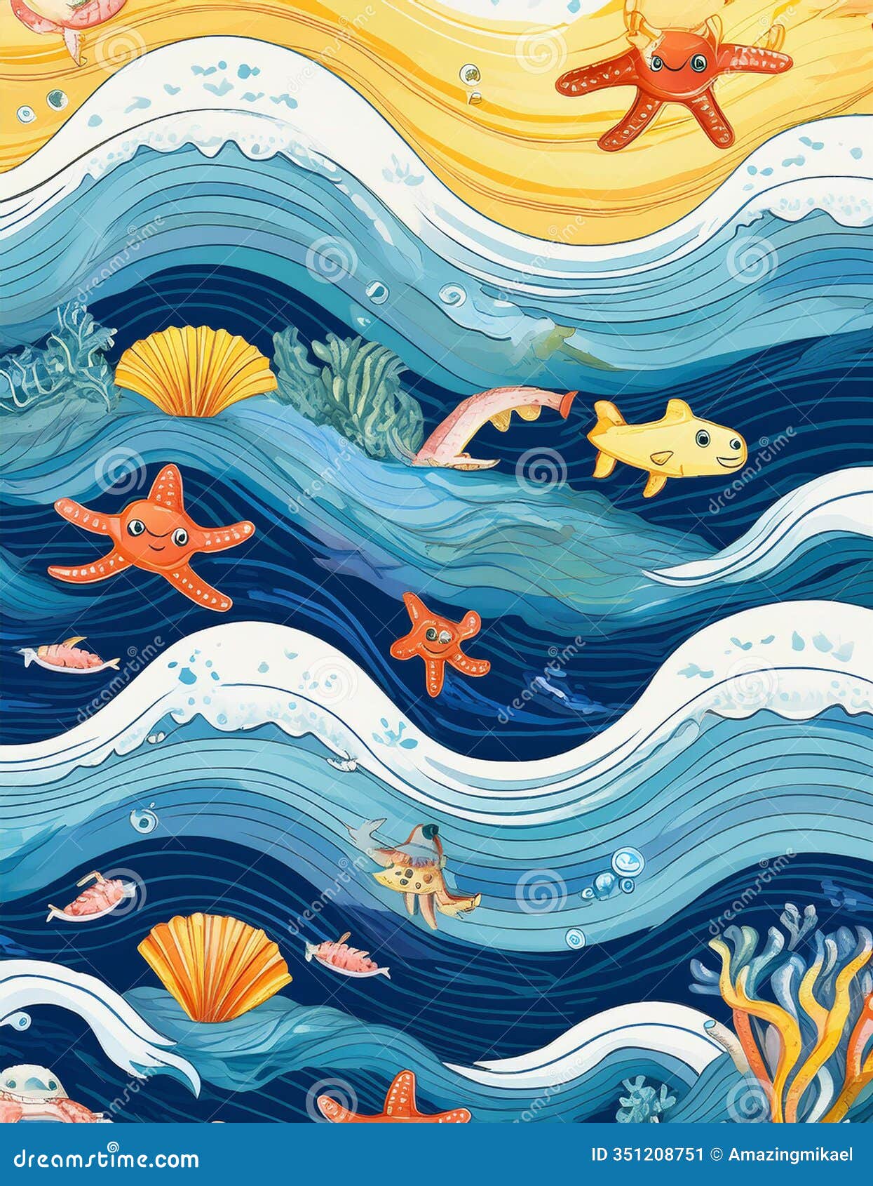 Friendly Ocean Wave Pattern for Kids with Cartoon Sea Creatures Stock ...