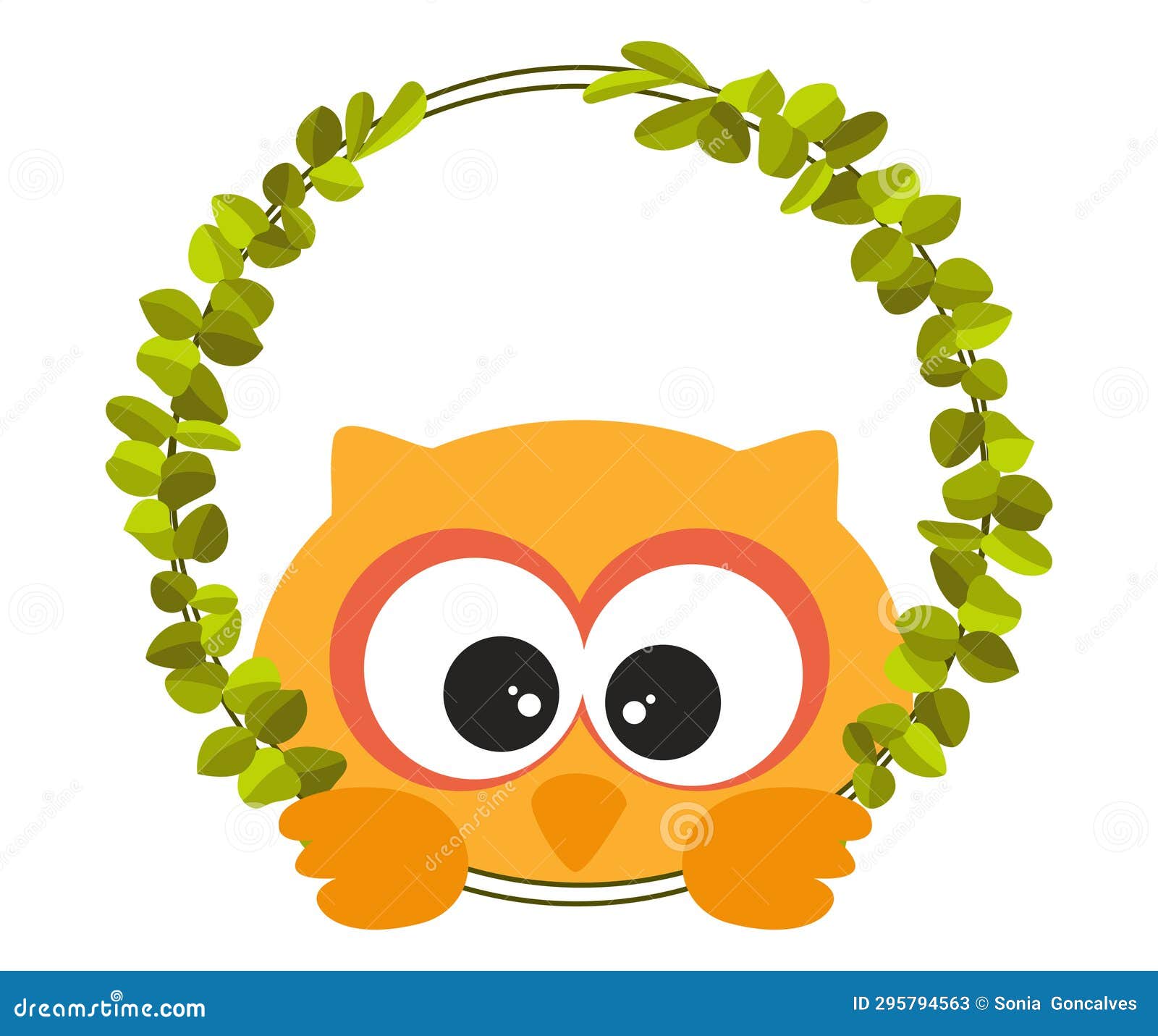 Friendly Owl Peeking Out of Round Leaves Frame Stock Illustration ...