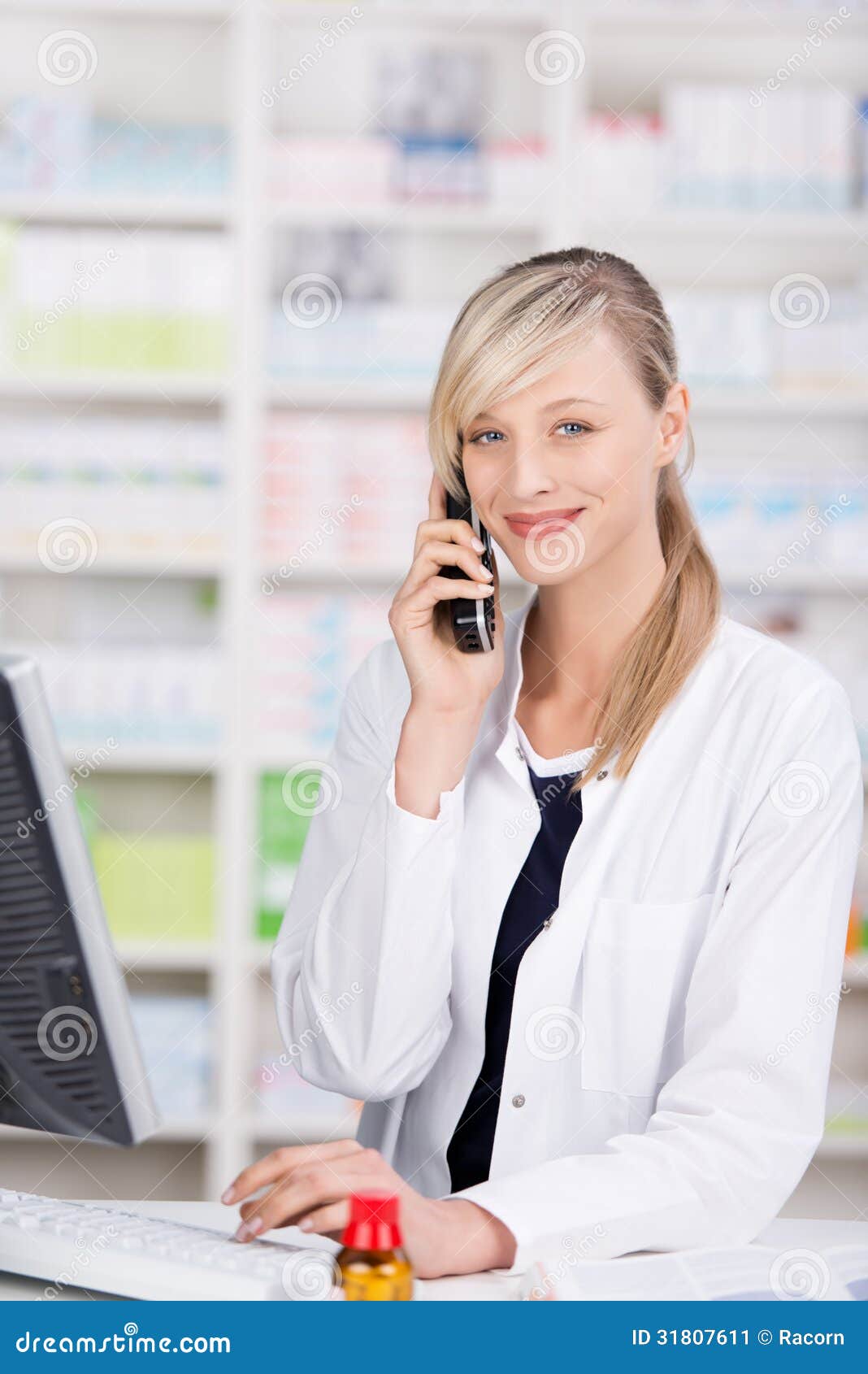 Friendly Pharmacist Portrait Talking at the Phone Stock Image - Image ...