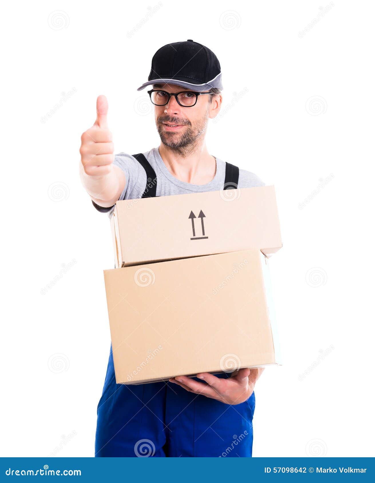 Friendly Postman with Parcels and Thumb Up Stock Photo - Image of ...