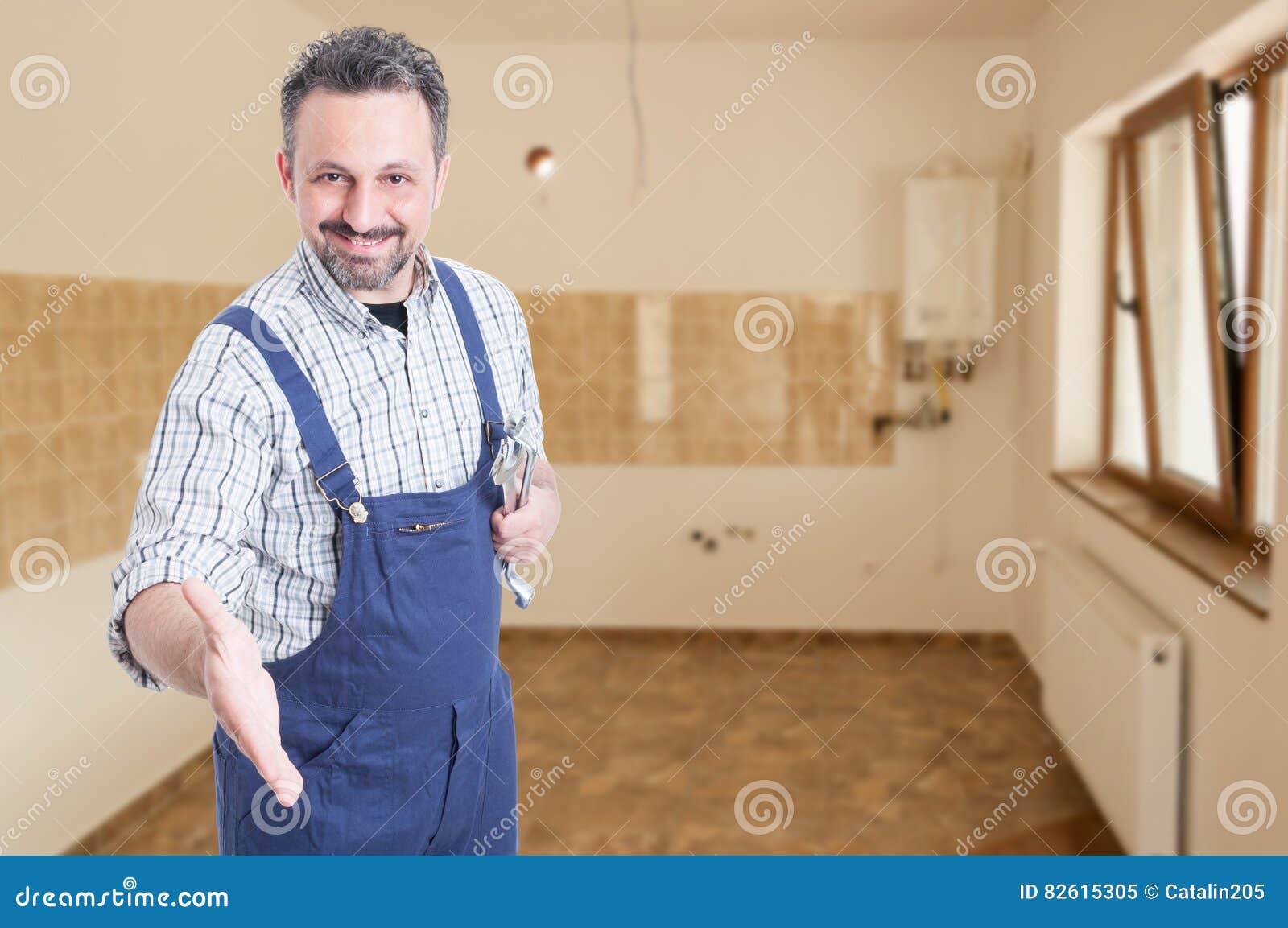 Friendly Professional Plumber Doing Handshake Gesture Stock Image ...