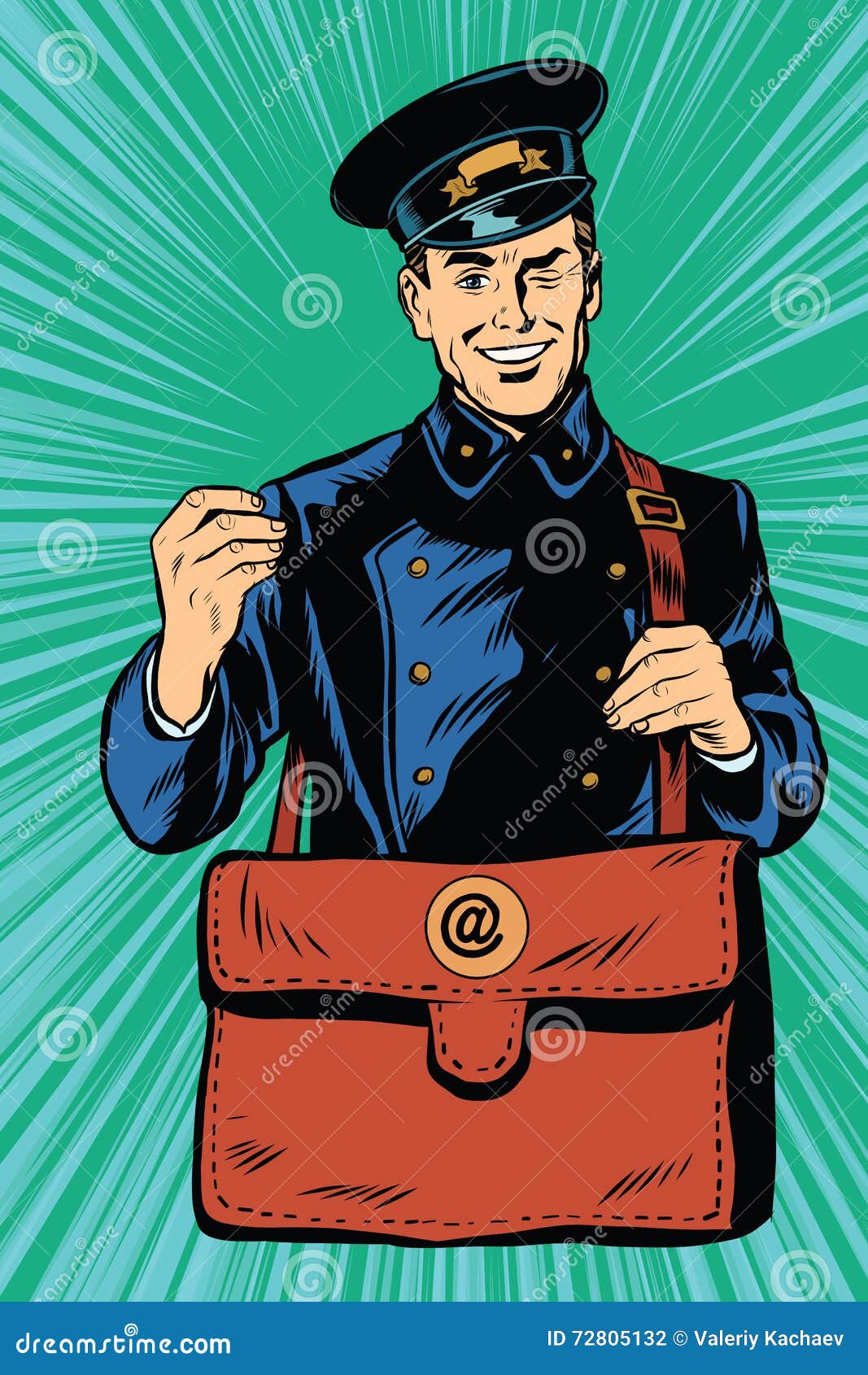Postman In Blue Uniform With Red Bag Delivering Gift Box Cartoon ...