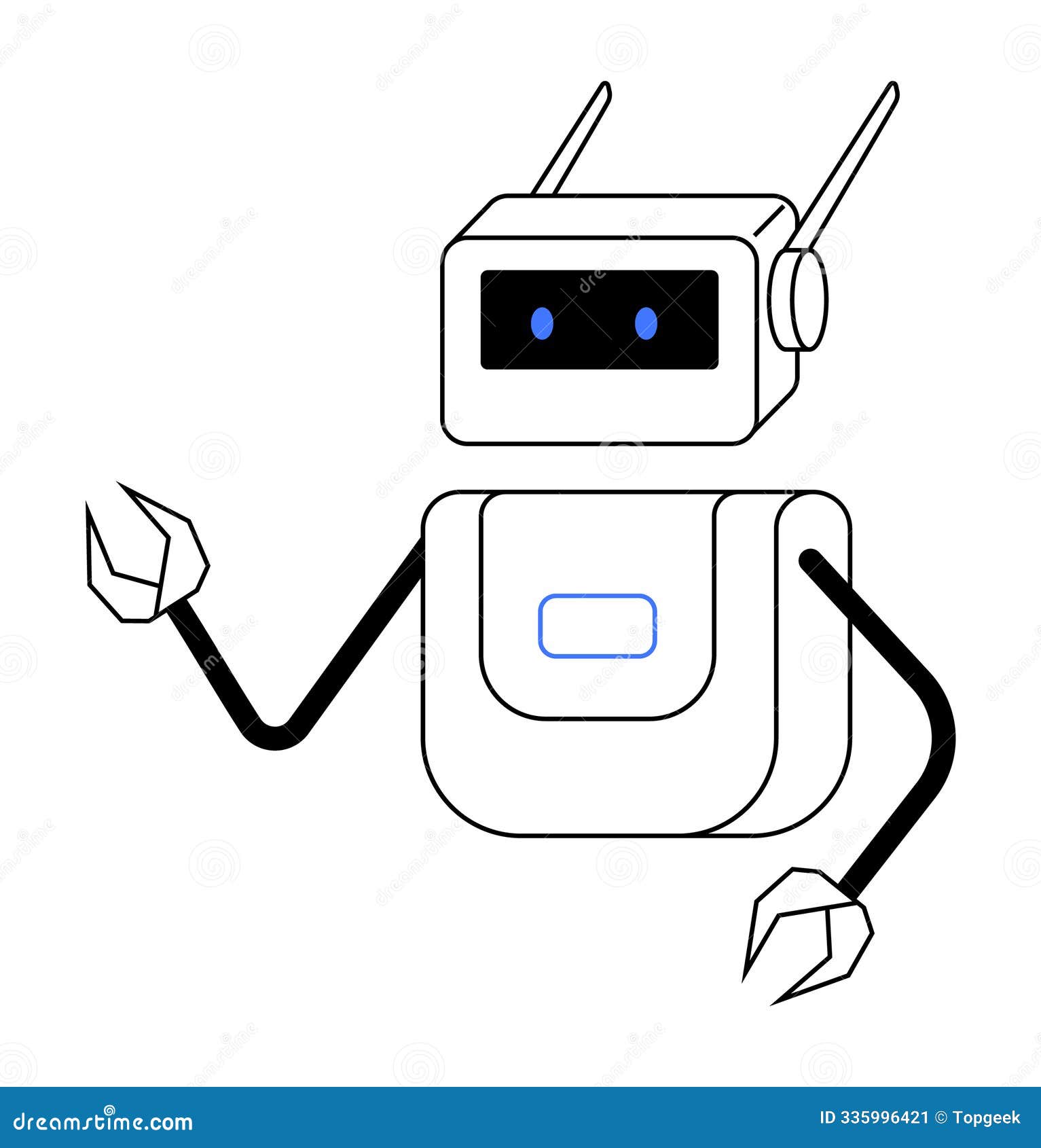 Friendly Robot with Antennas and Claw Hands on White Background Stock ...