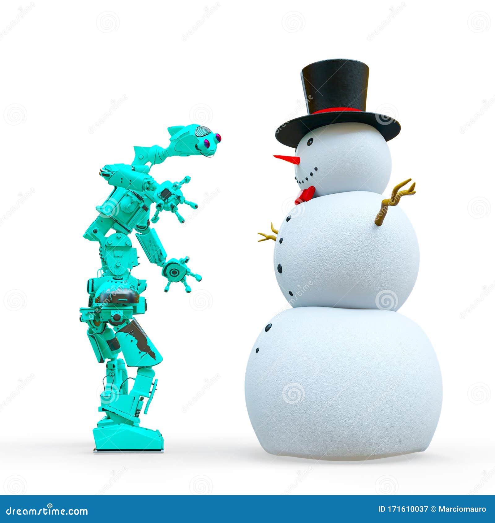 Friendly Robot is Building a Snow Man in White Background Stock ...