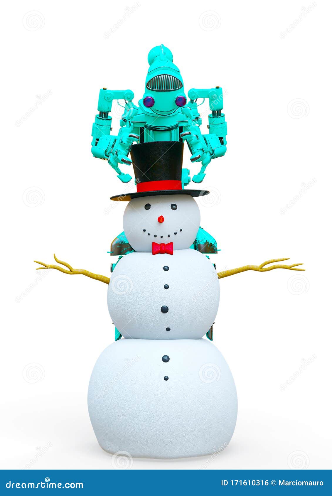 Friendly Robot is Building a Snow Man in White Background Front View ...