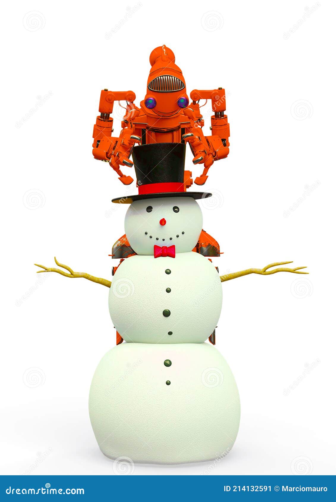Friendly Robot is Building a Snow Man in White Background Front View ...
