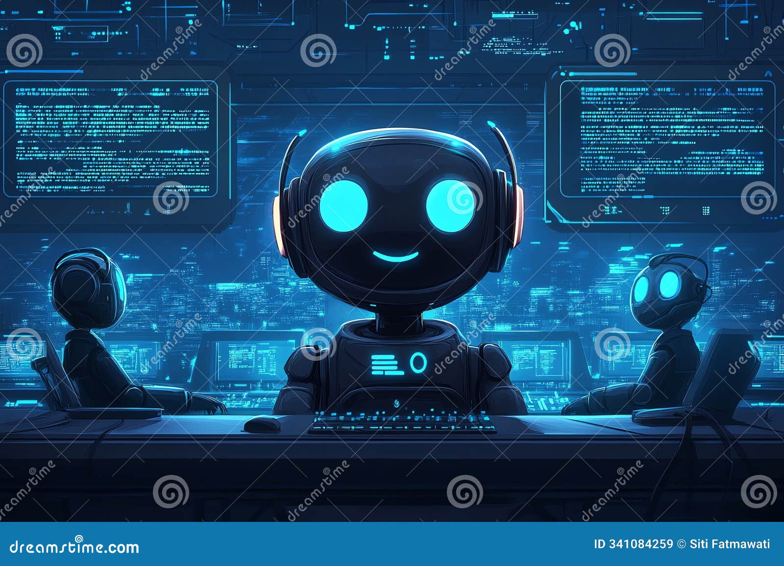 A Friendly Robot with Headphones Sits at a Computer Console with Other ...