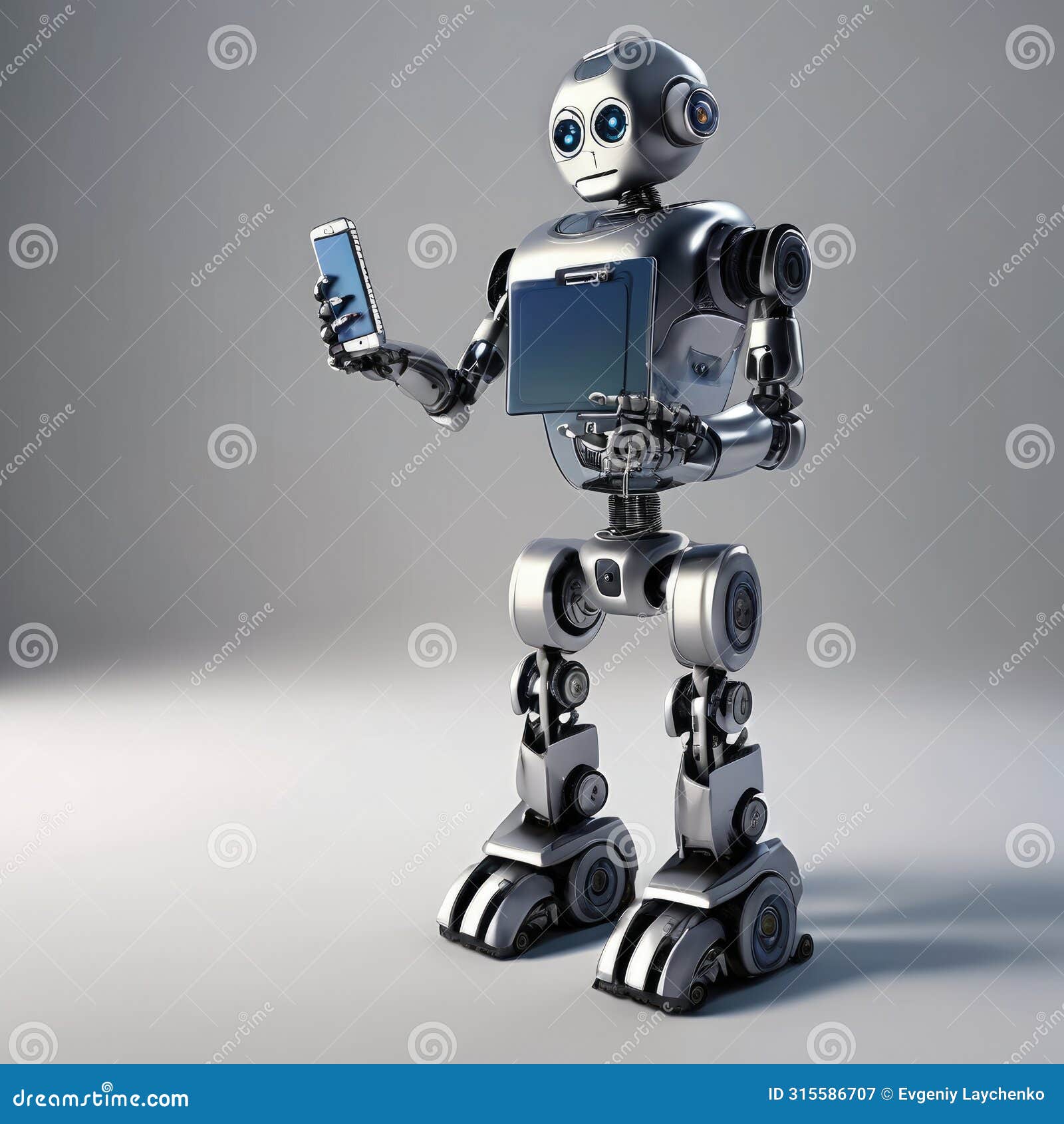 Friendly Robot Holding a Smartphone in a Neutral Background Studio ...