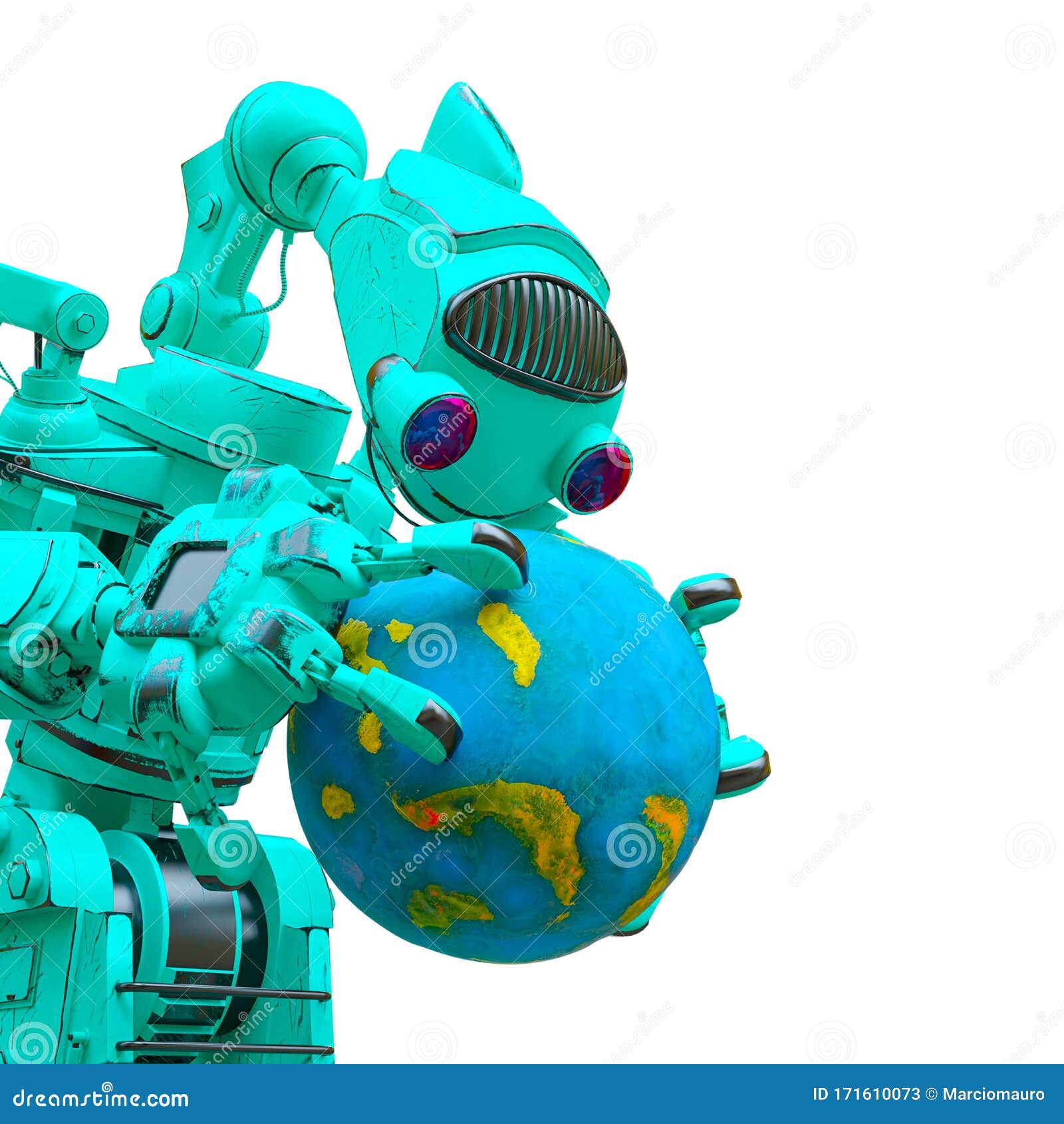 Friendly Robot is Looking the Planet on His Hands in White Background ...