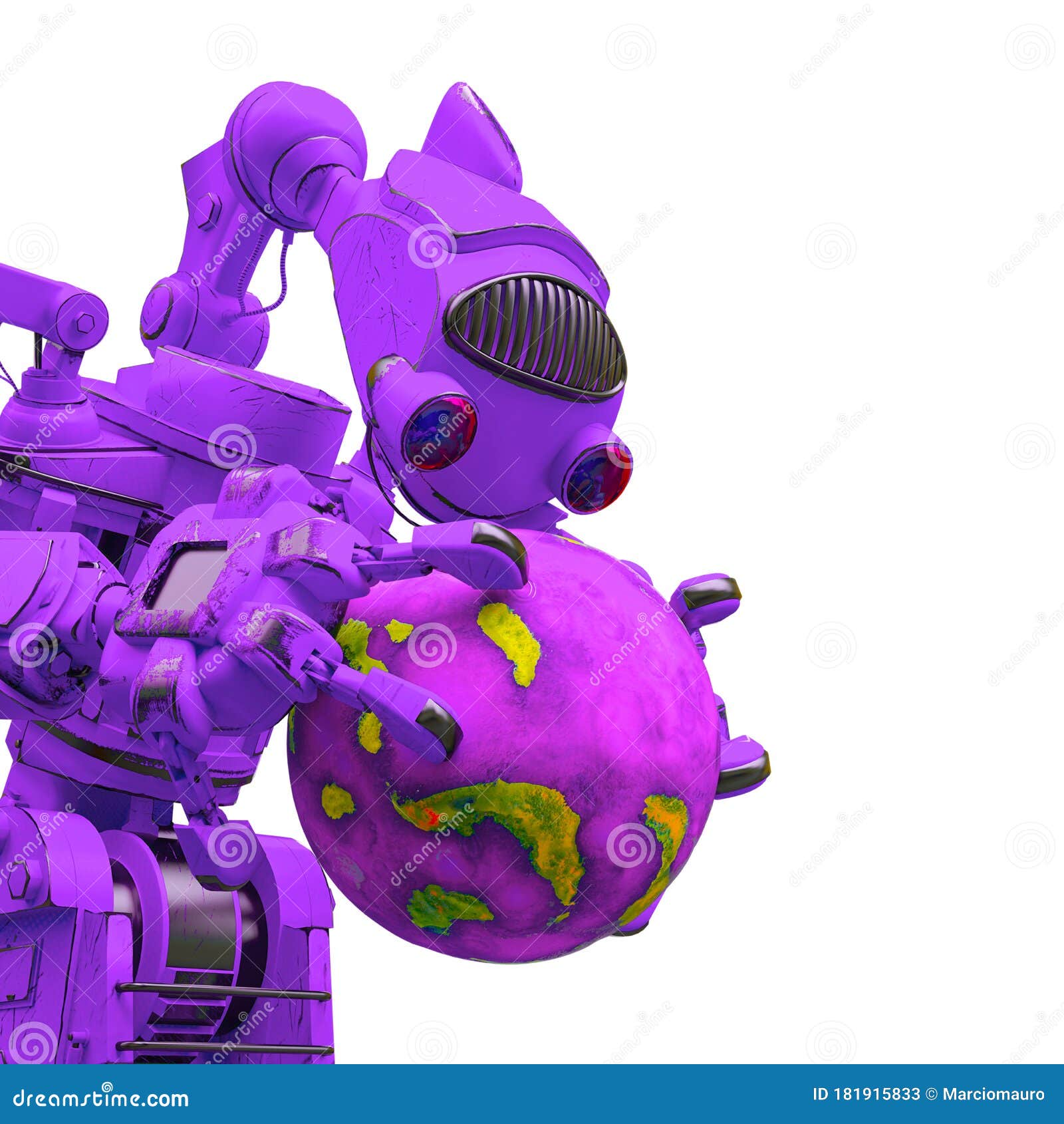 Friendly Robot is Looking the Planet on His Hands in White Background ...