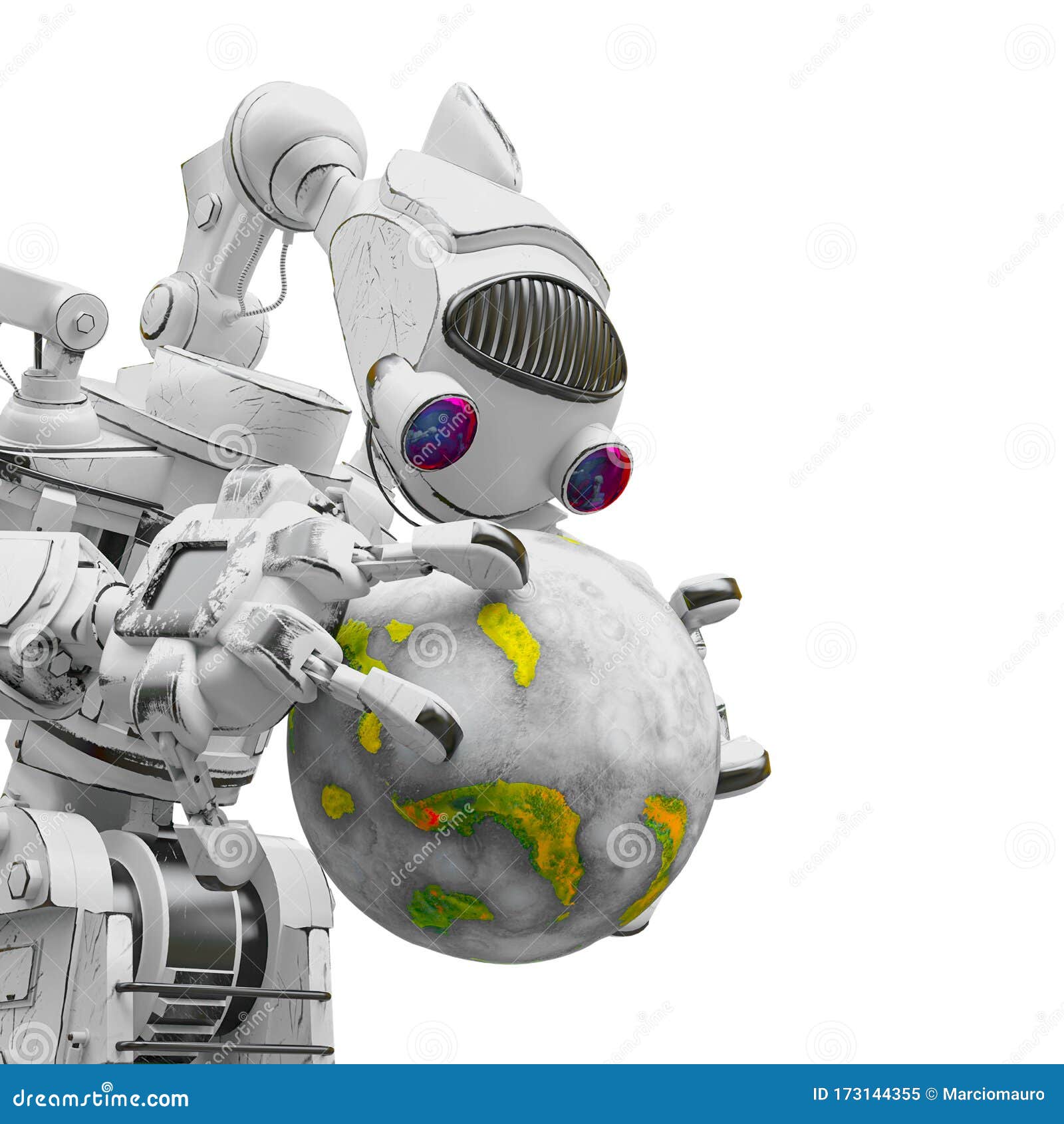 Friendly Robot is Looking the Planet on His Hands in White Background ...