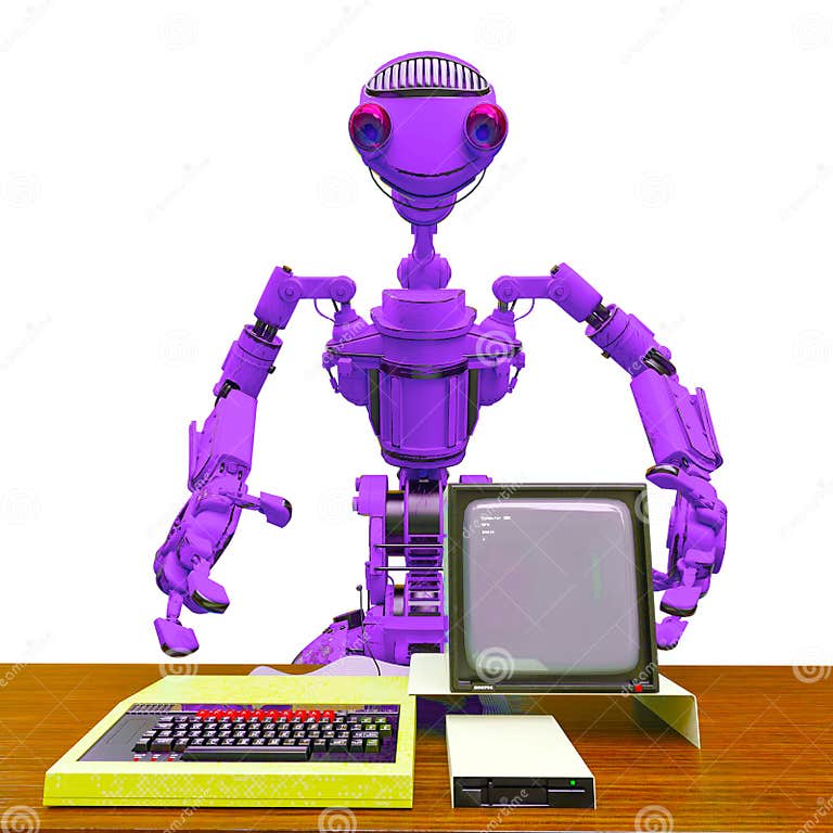 Friendly Robot with an Old Desktop Computer in White Background Close ...