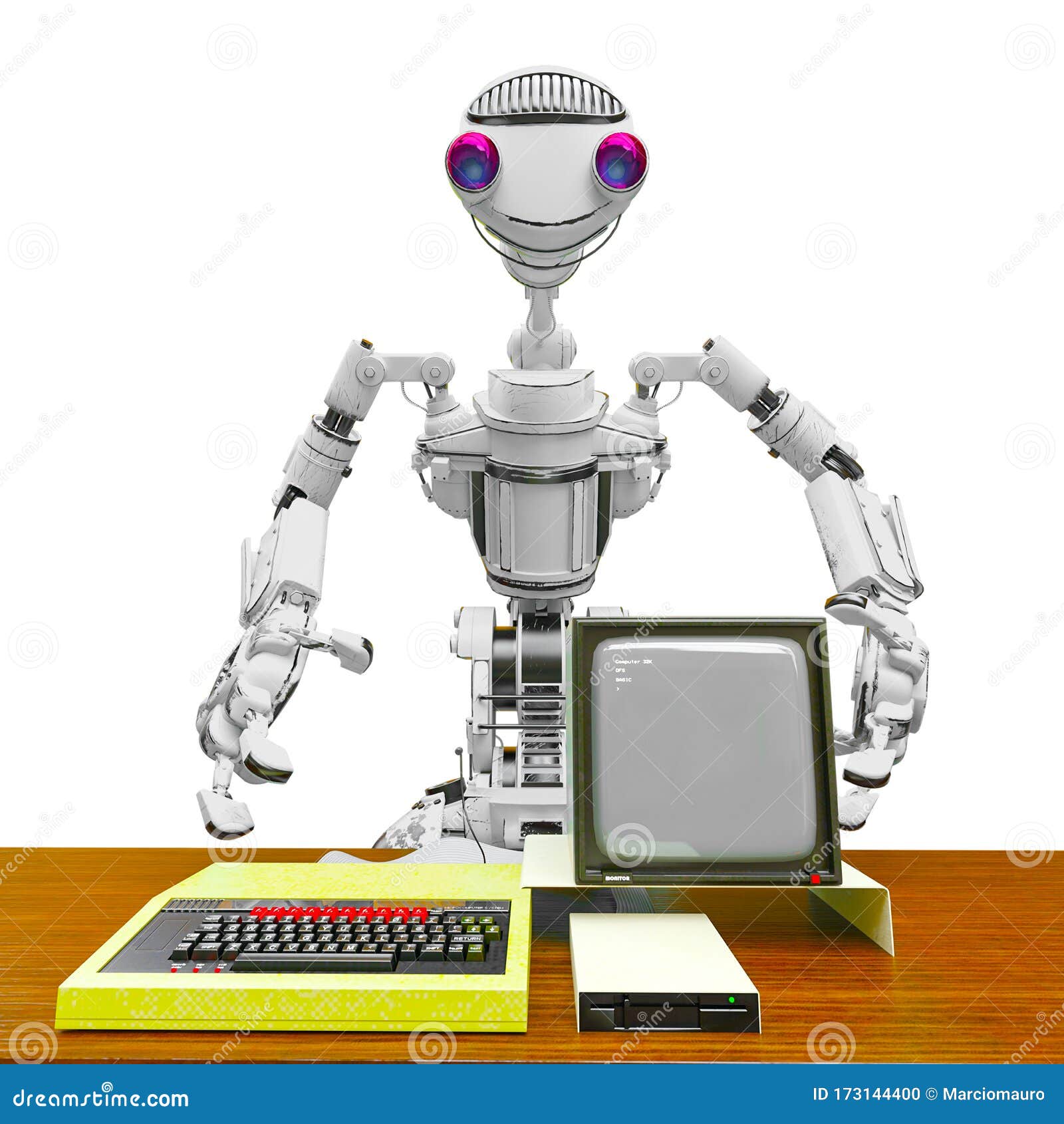 Friendly Robot with an Old Desktop Computer in White Background Close ...