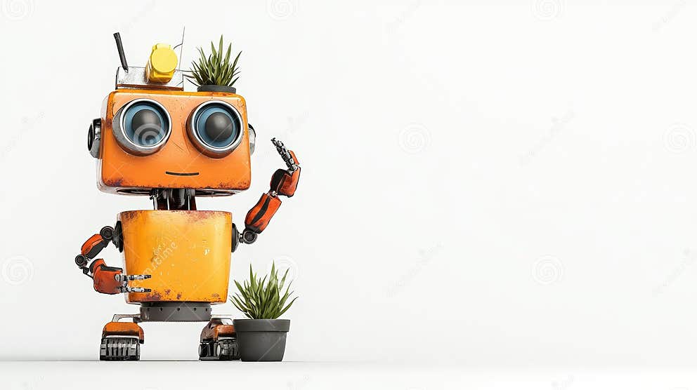 Friendly Robot with Plants White Isolate Background Stock Illustration ...