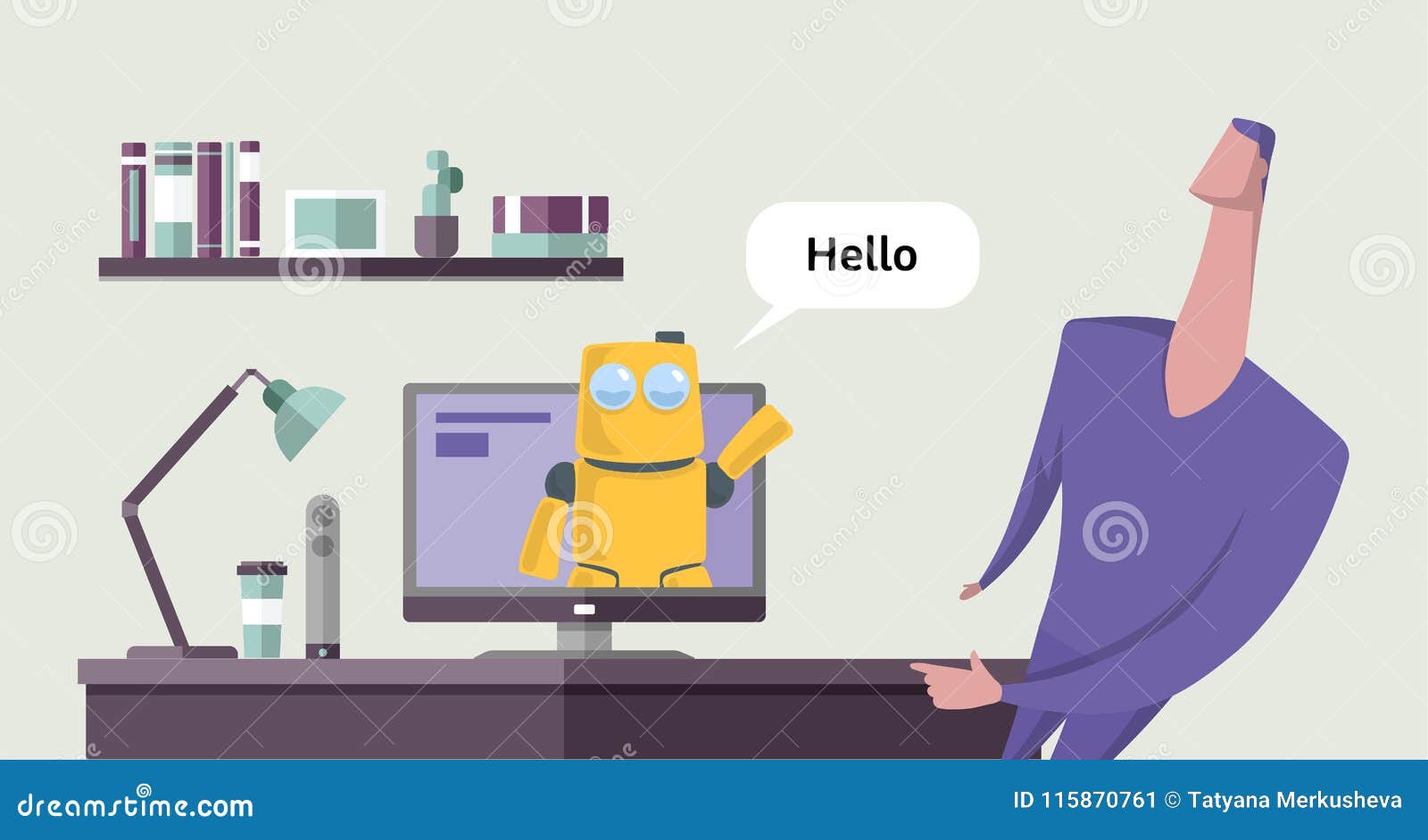 Friendly Robot Talking To a Man from Computer Screen. Chatbot ...