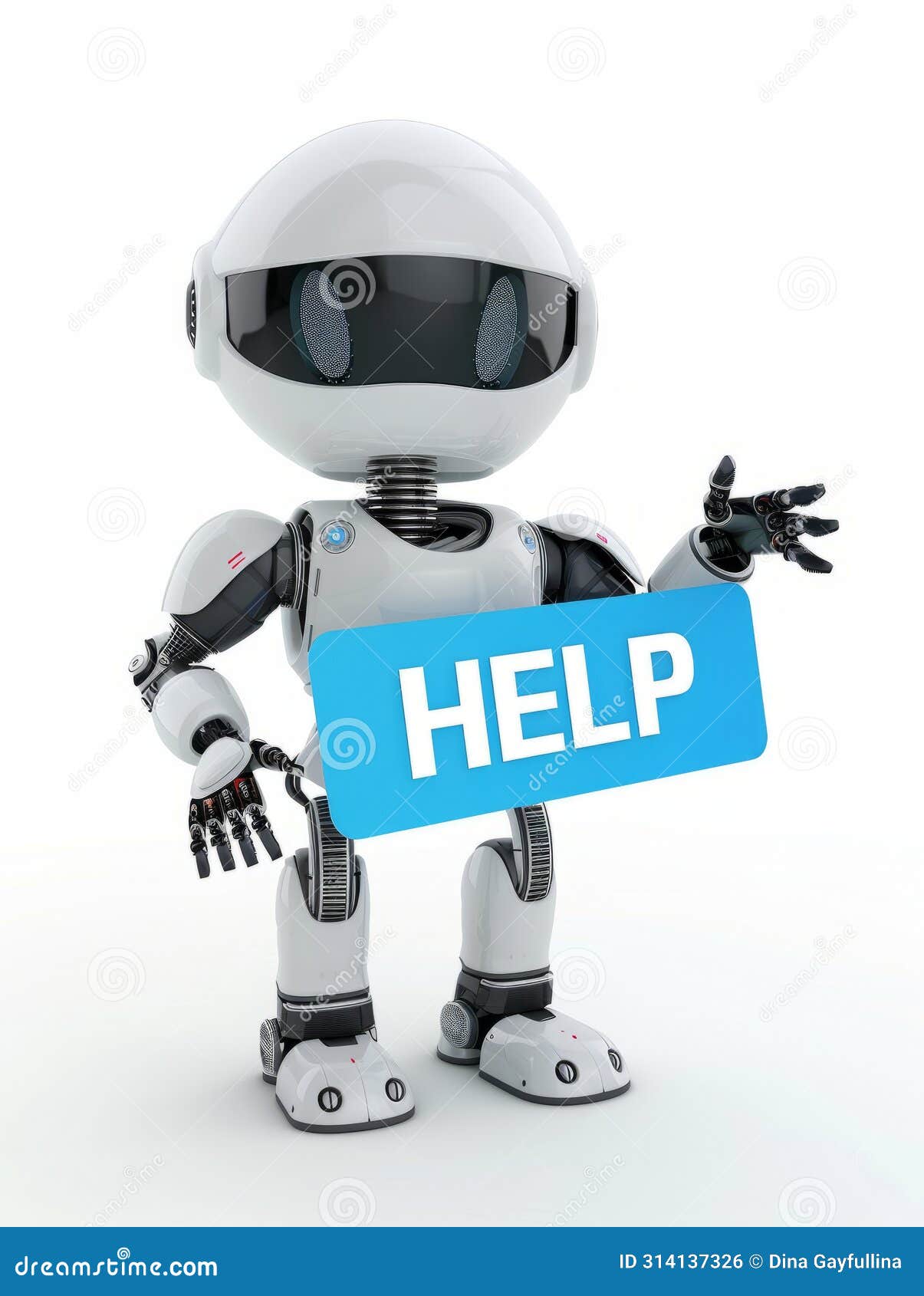 Friendly Robotic Helper Displaying a Help Blue Message, Offering User ...