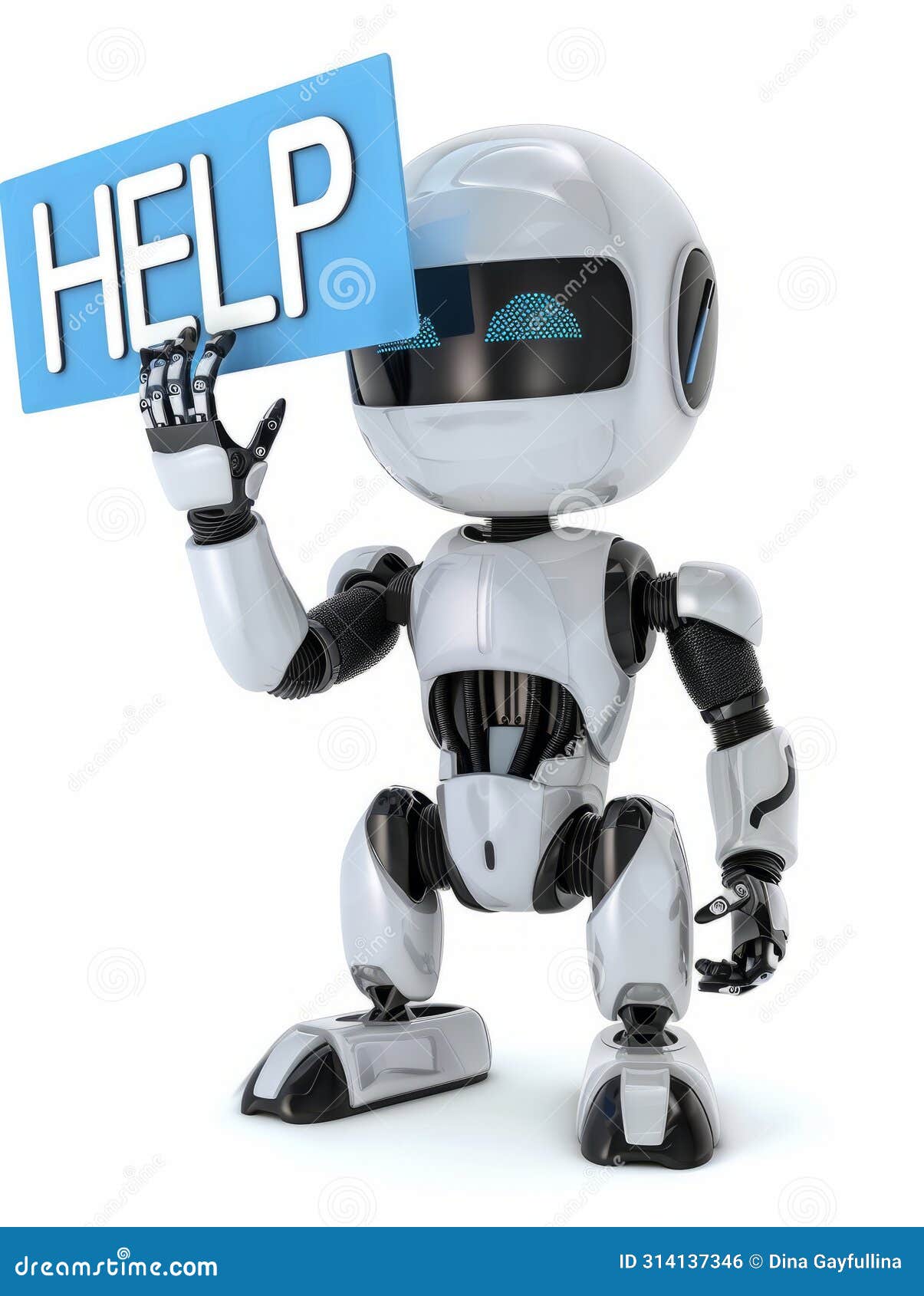 Friendly Robotic Helper Displaying a Help Blue Message, Offering User ...