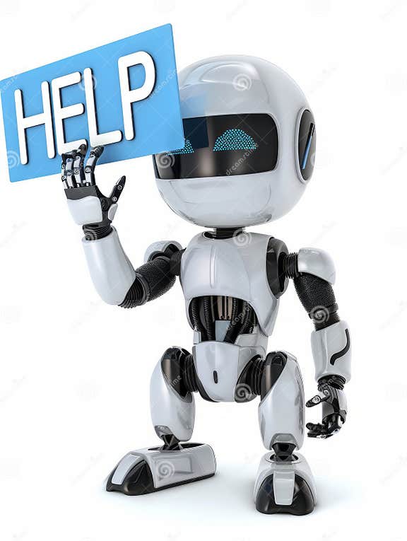 Friendly Robotic Helper Displaying a Help Blue Message, Offering User ...