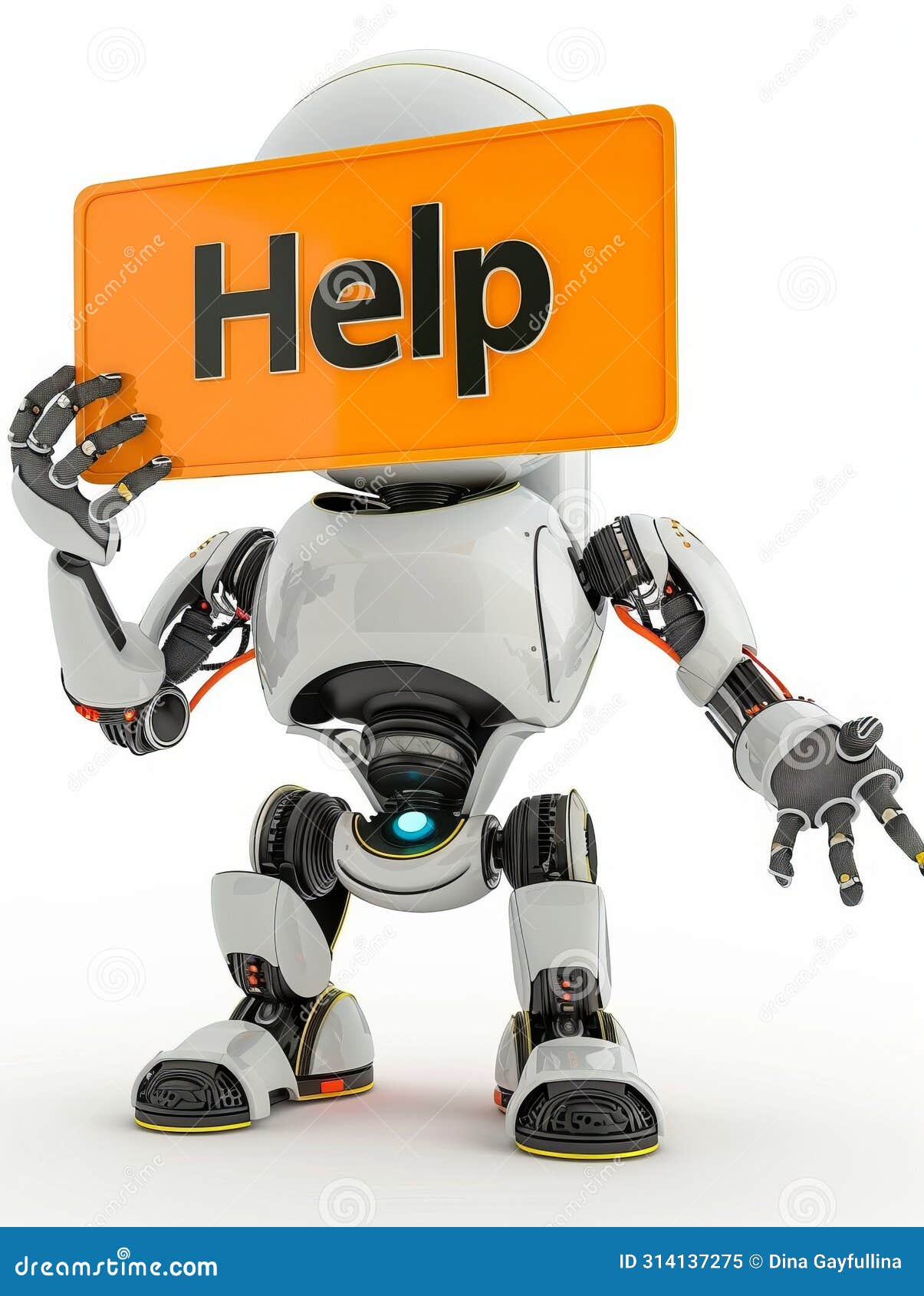 Friendly Robotic Helper Displaying a Help Orange Message, Offering User ...