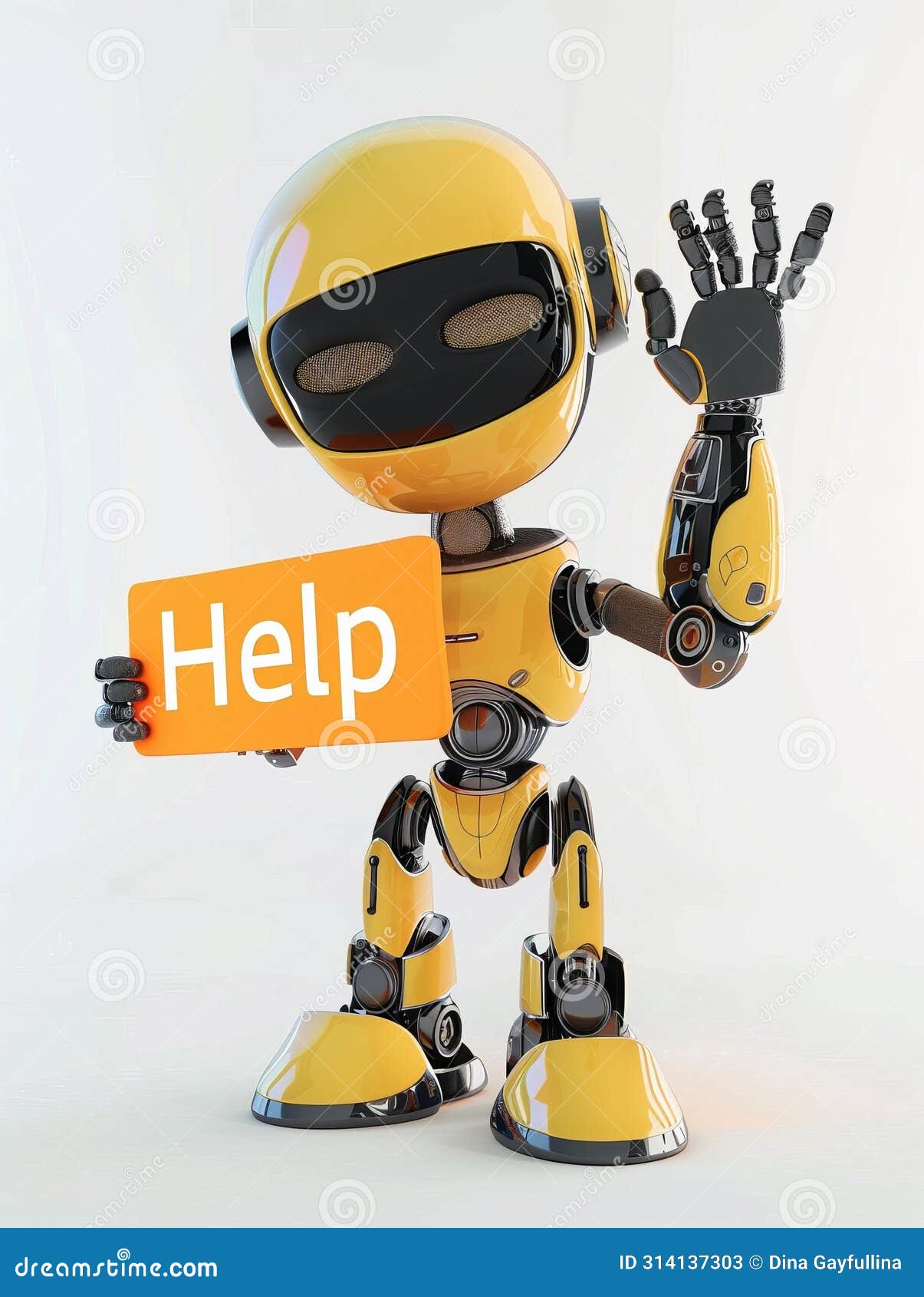 Friendly Robotic Helper Displaying a Help Orange Message, Offering User ...