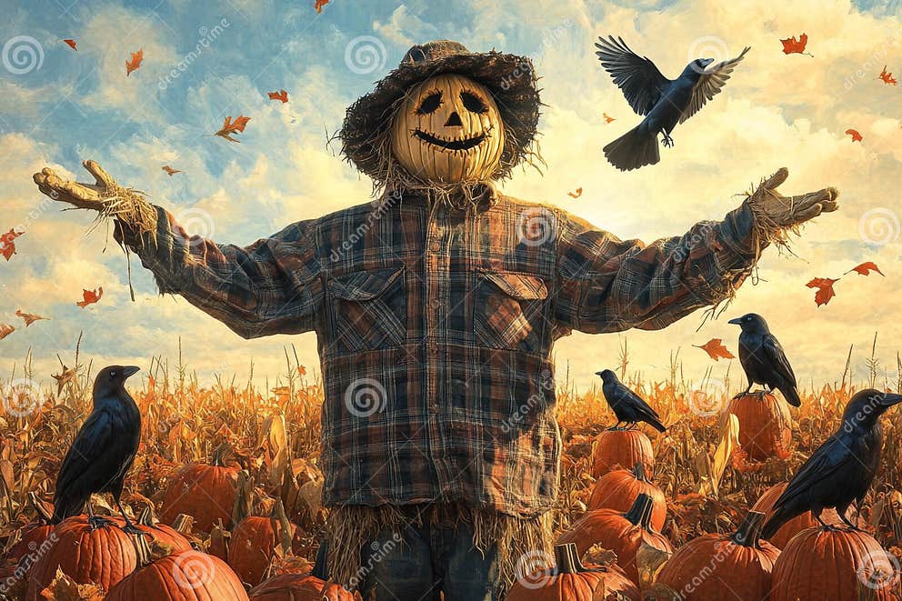 A Friendly Scarecrow Standing in a Pumpkin Patch with Crows Stock Illustration - Illustration of ...