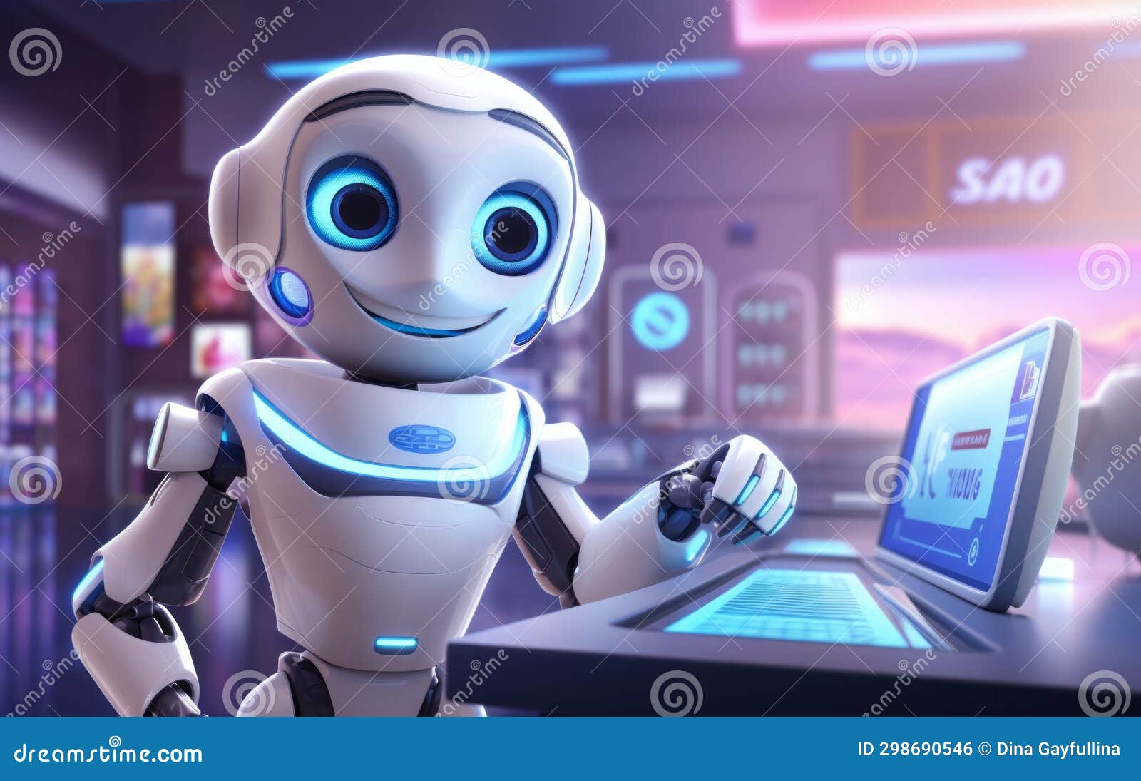 Friendly Service Robot Assisting with Touchscreen Technology Stock ...