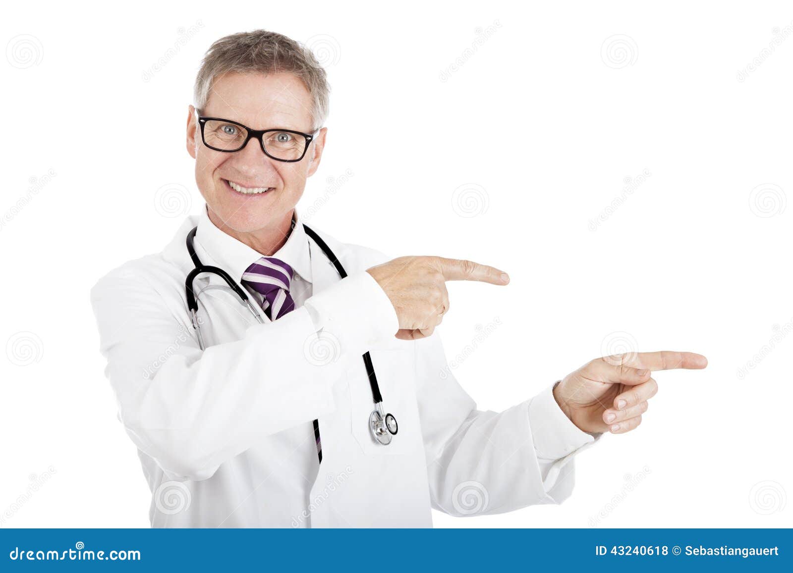 Friendly Smiling Doctor Pointing To the Right Stock Photo - Image of ...