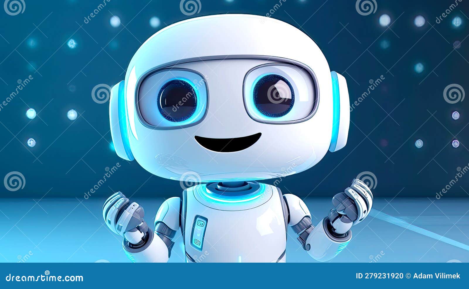 Friendly Smiling Robot with Blue Studio Background. Stock Illustration ...
