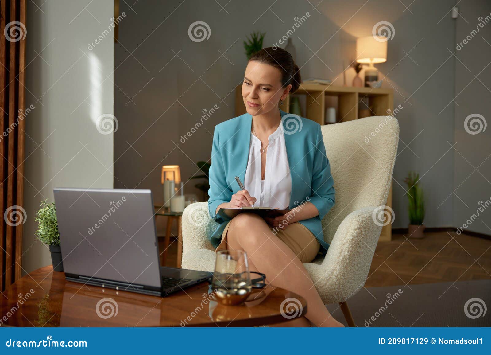 Friendly Smiling Woman Psychologist Looking at Laptop Computer Screen ...