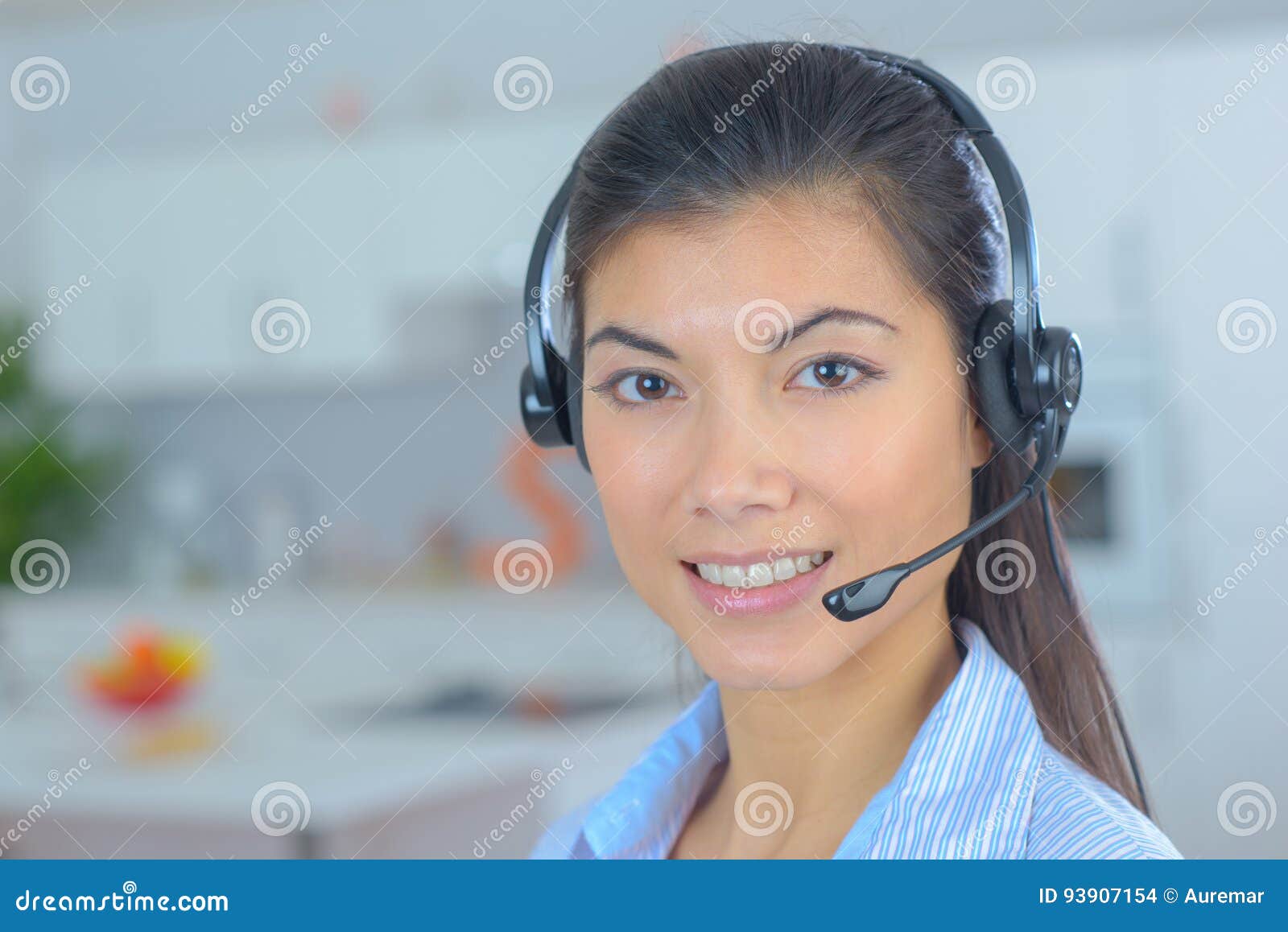 Friendly Smiling Young Woman Phone Operator at Workplace Stock Photo ...