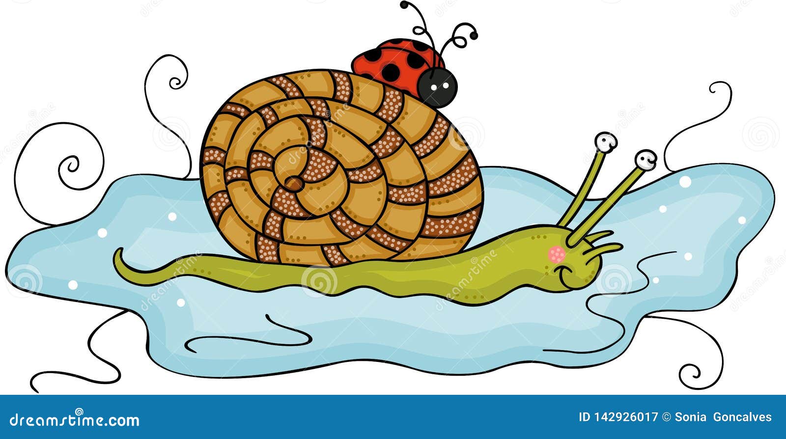 Friendly Snail with Ladybug in Water Puddle Stock Vector - Illustration ...