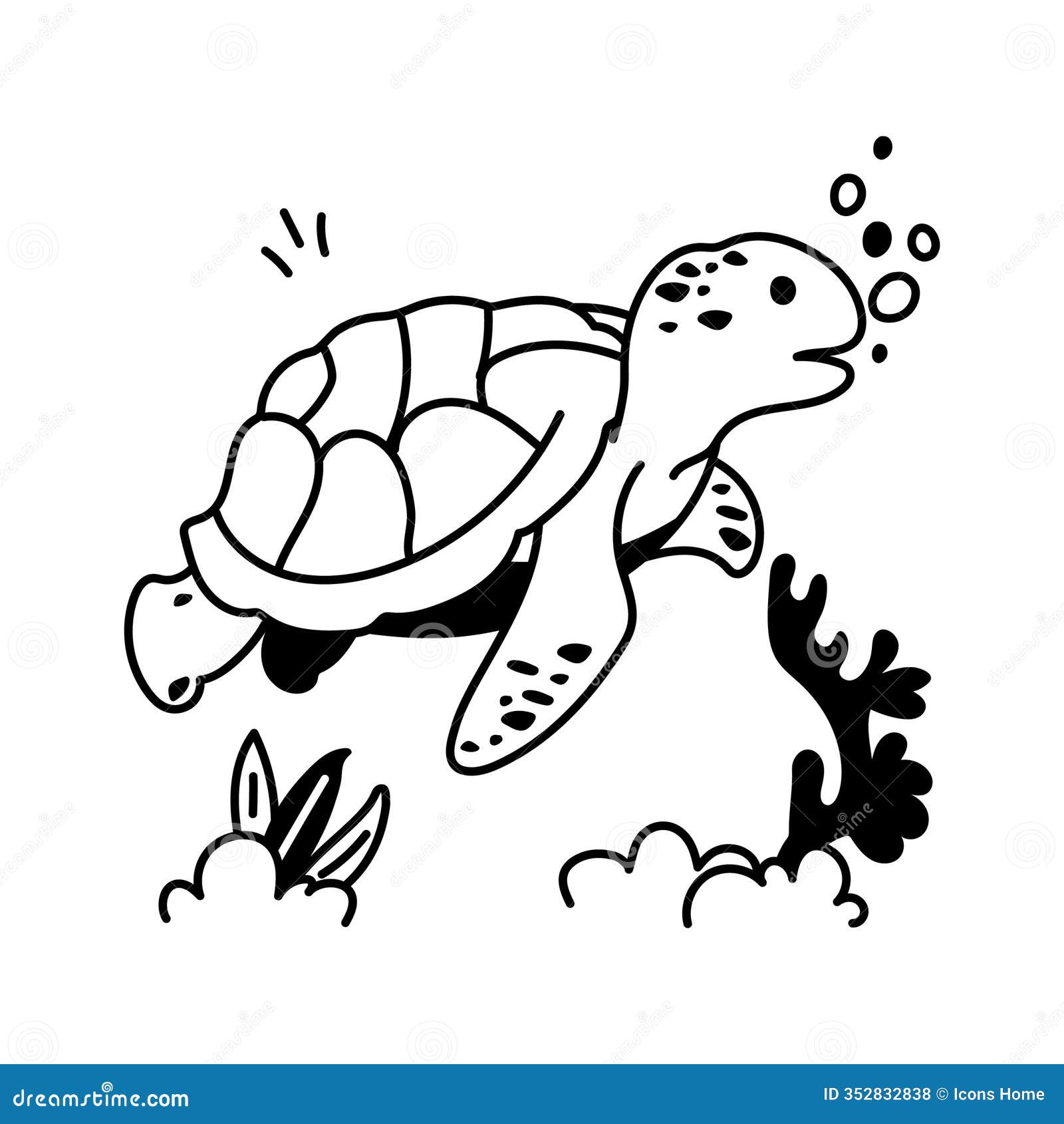 A Friendly Swimming Turtle Underwater with Bubbles and Sea Plants Stock Illustration ...
