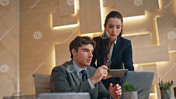 Friendly Team Work Together Looking Computer Office Closeup. Colleagues ...