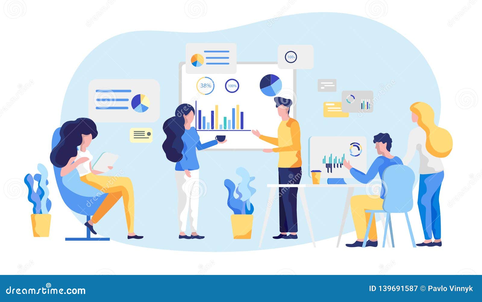 Friendly Team Work Colleagues Large Remote Office. Stock Vector ...