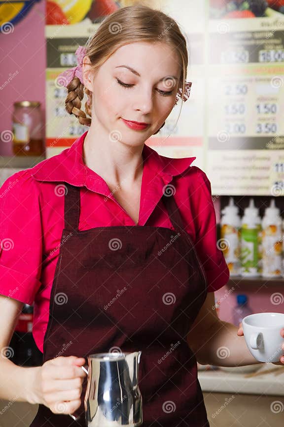 Friendly Waitress Making Coffee Stock Image - Image of pour, coffee ...