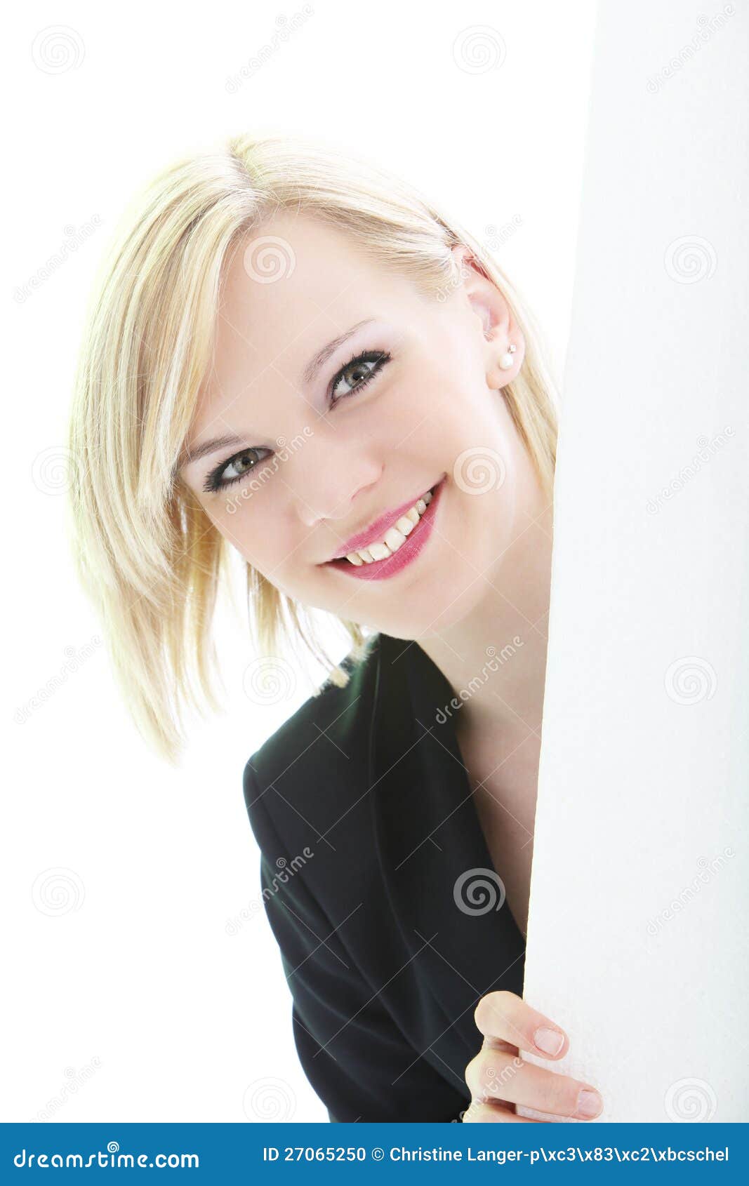 Friendly Woman Holding the Side of a Sign Stock Photo - Image of girl ...