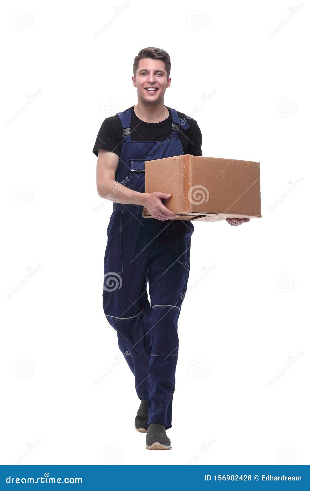Friendly Worker with Cardboard Box Stepping Forward. Isolated on White ...