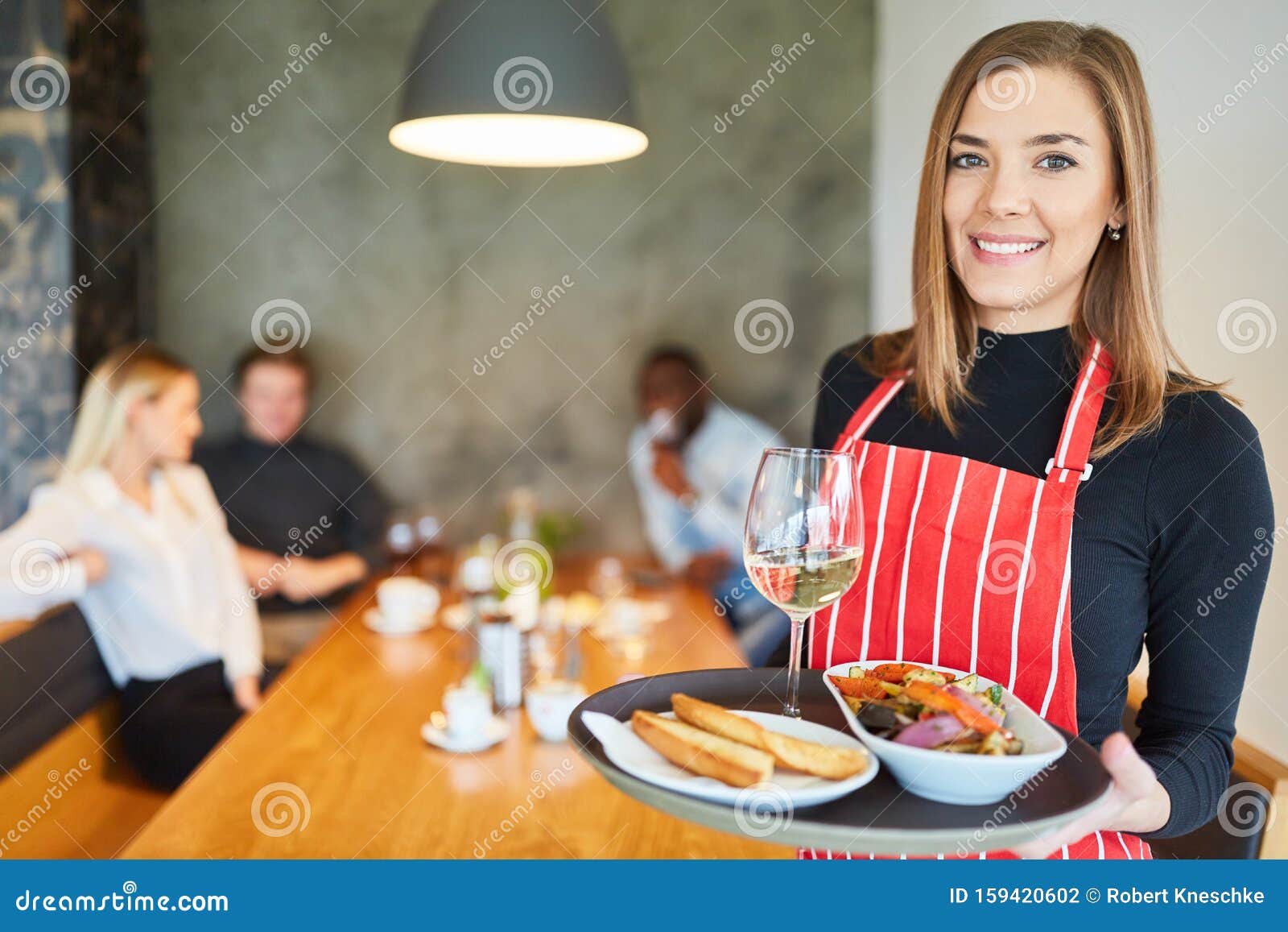 Friendly Young Waitress with Appetizers Stock Photo - Image of service ...